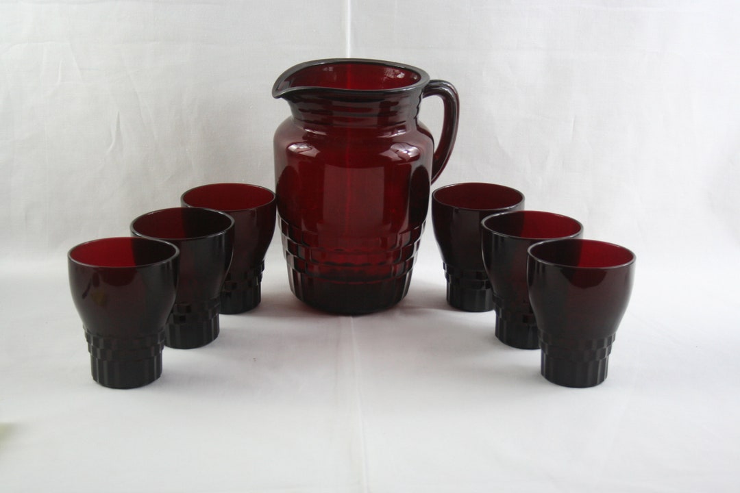 Anchor Hocking "windsor" Royal Ruby Pitcher 64 Oz and 6 Tumblers 8 Oz ...