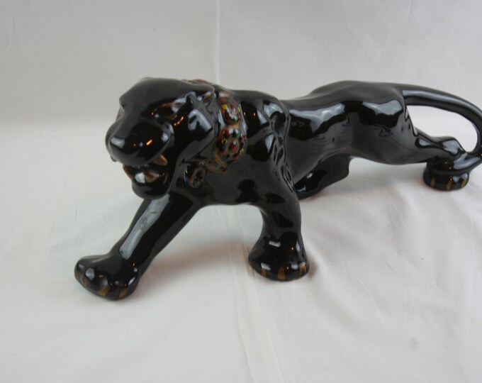 MCM Ceramic Black Panther; 18" Long X 9" High; Gold Highlight Teeth ...