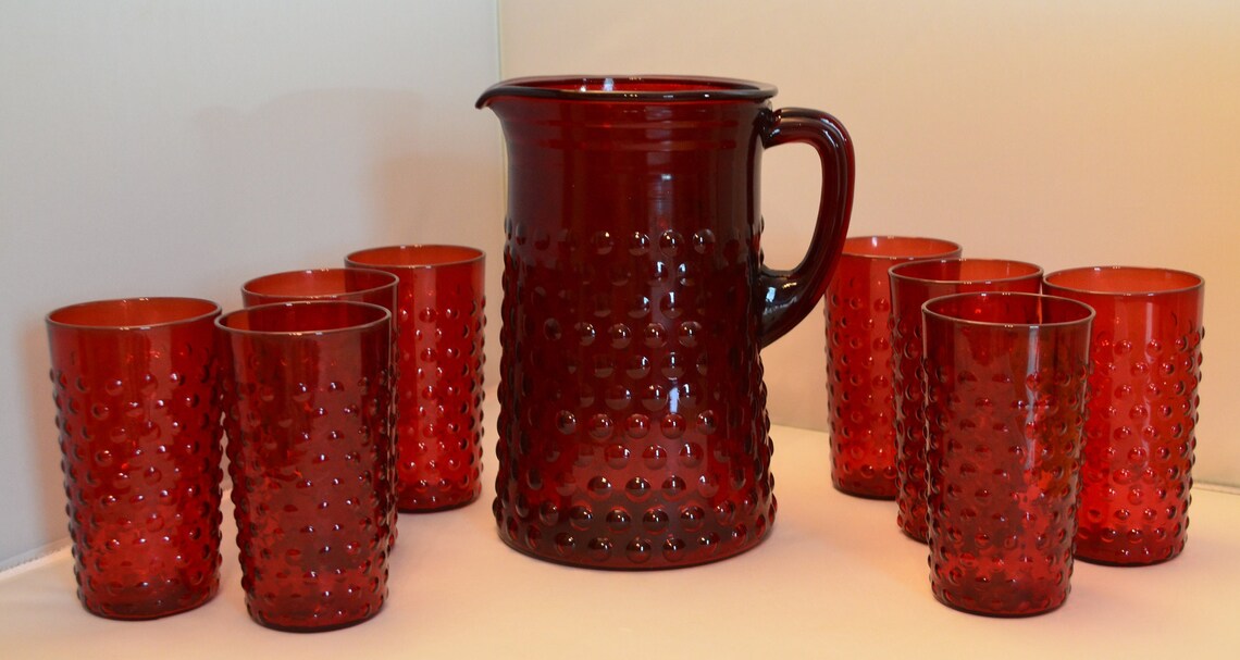 Anchor Hocking Ruby Red Hobnail Pitcher and 8 Matching - Etsy
