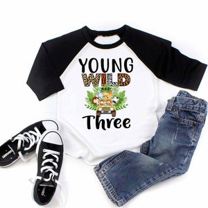 Young Wild and Three Safari Animals Birthday Shirt • Jungle Zoo 3rd Third Birthday Safari Shirt ...