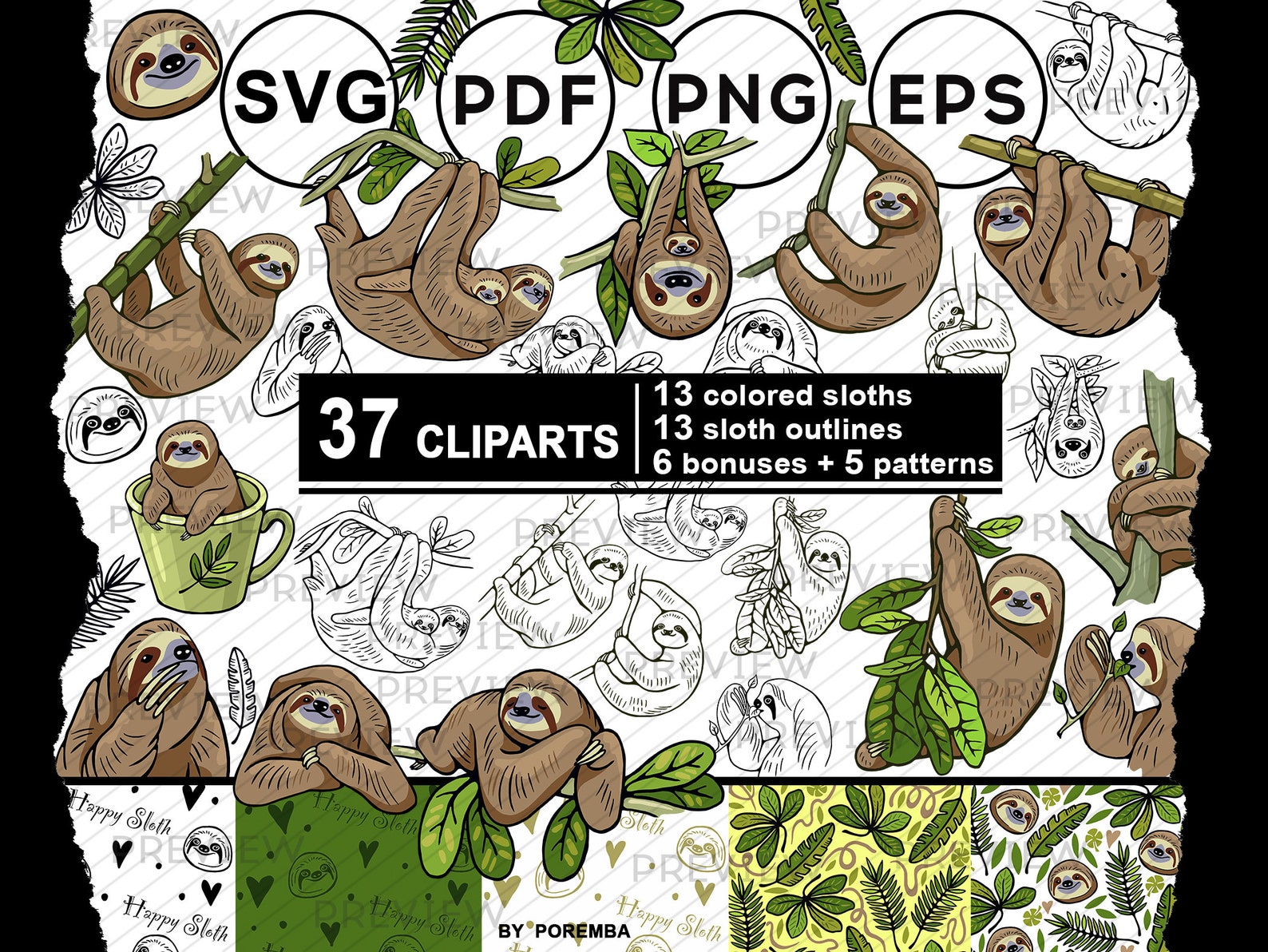 Sloth Clipart Set. Sloth Outline. Laser Cut. Image and Illustration ...