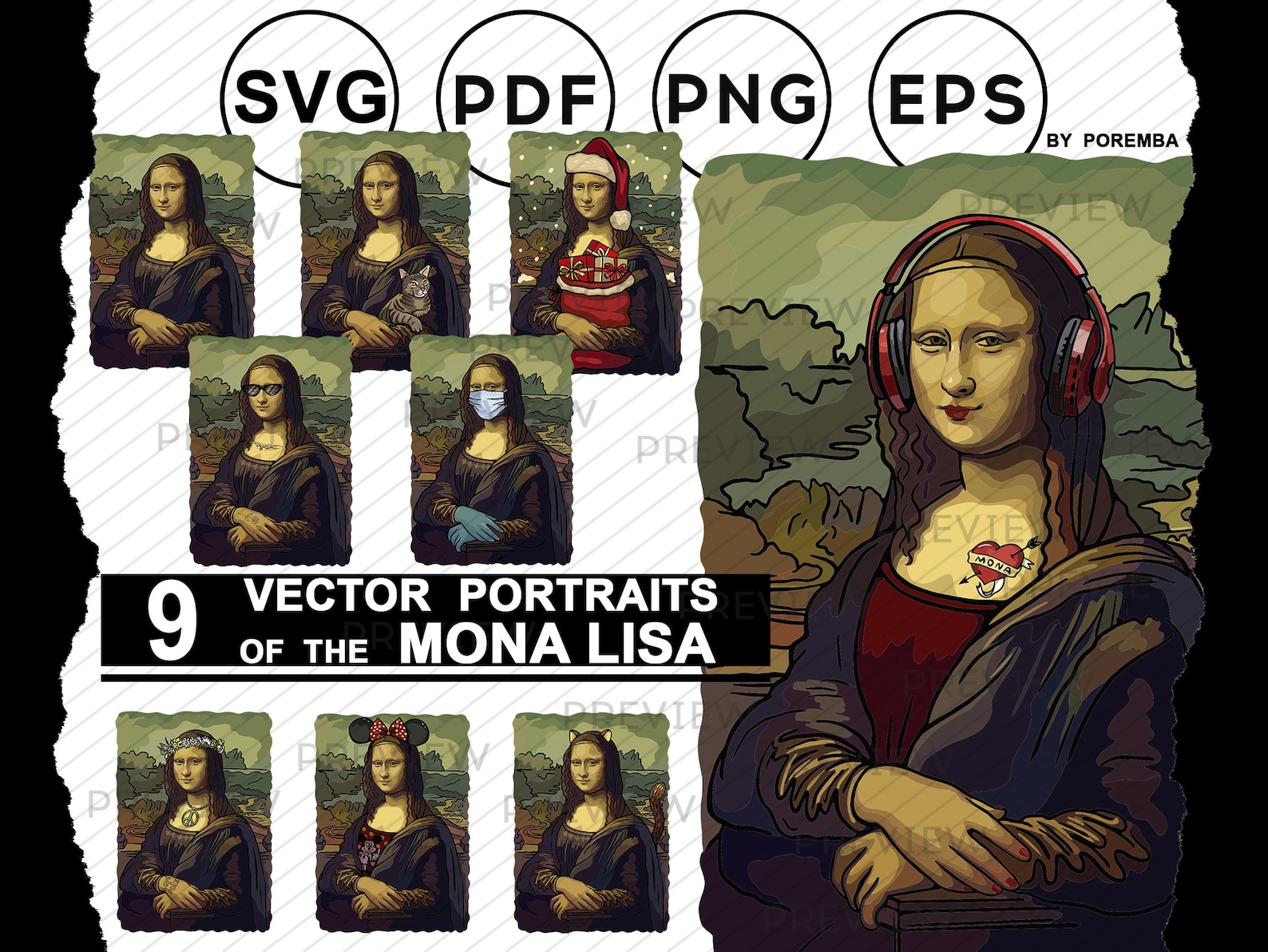 Mona Lisa Clipart. Vector Portrait. Leonardo Da Vinci Paintings Bundle ...