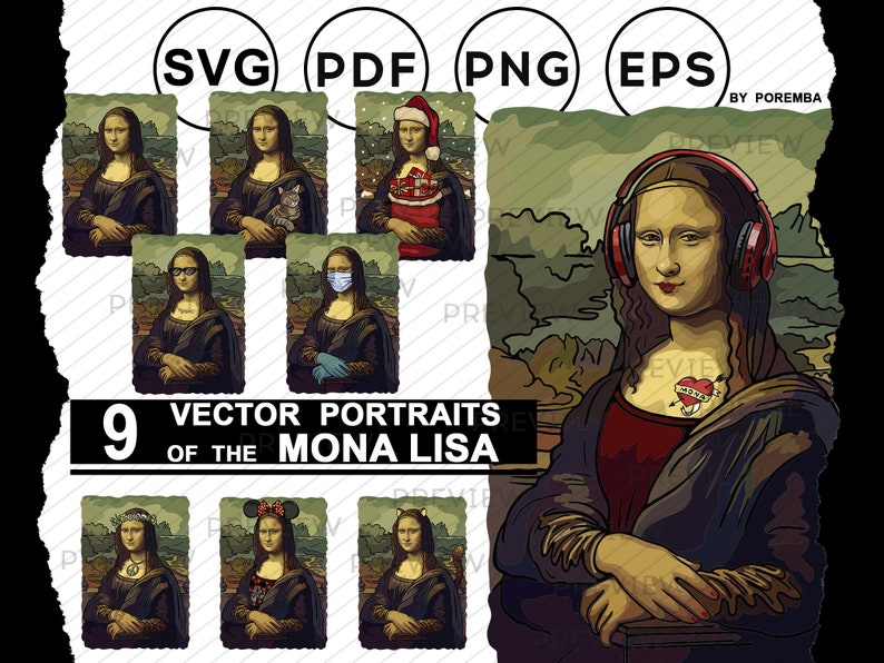 Mona Lisa Clipart. Vector Portrait. Leonardo Da Vinci Paintings Bundle ...