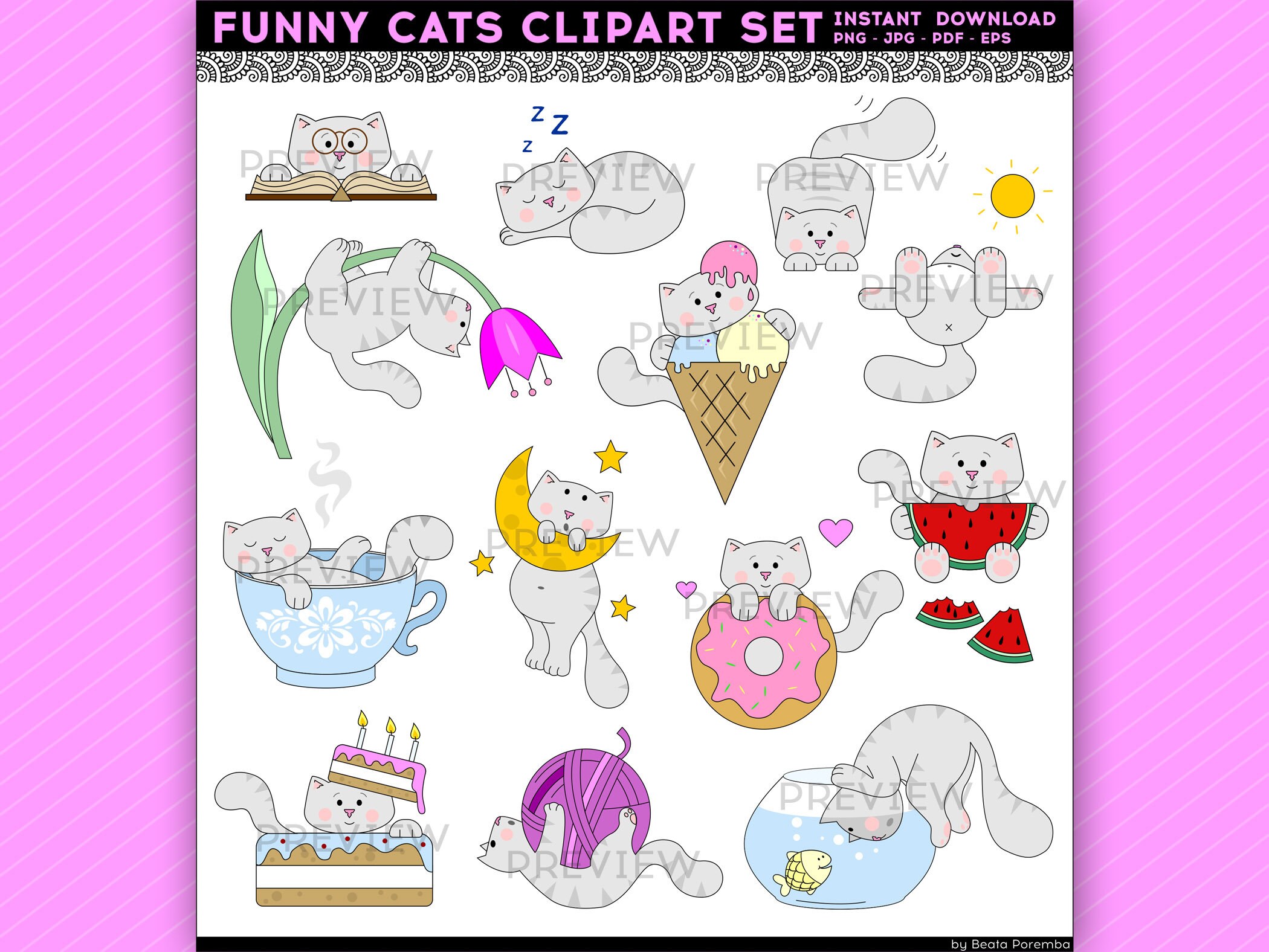 Cats Clipart. Kittens. Funny Cats Clipart. Kitty Icons. Pet | Etsy