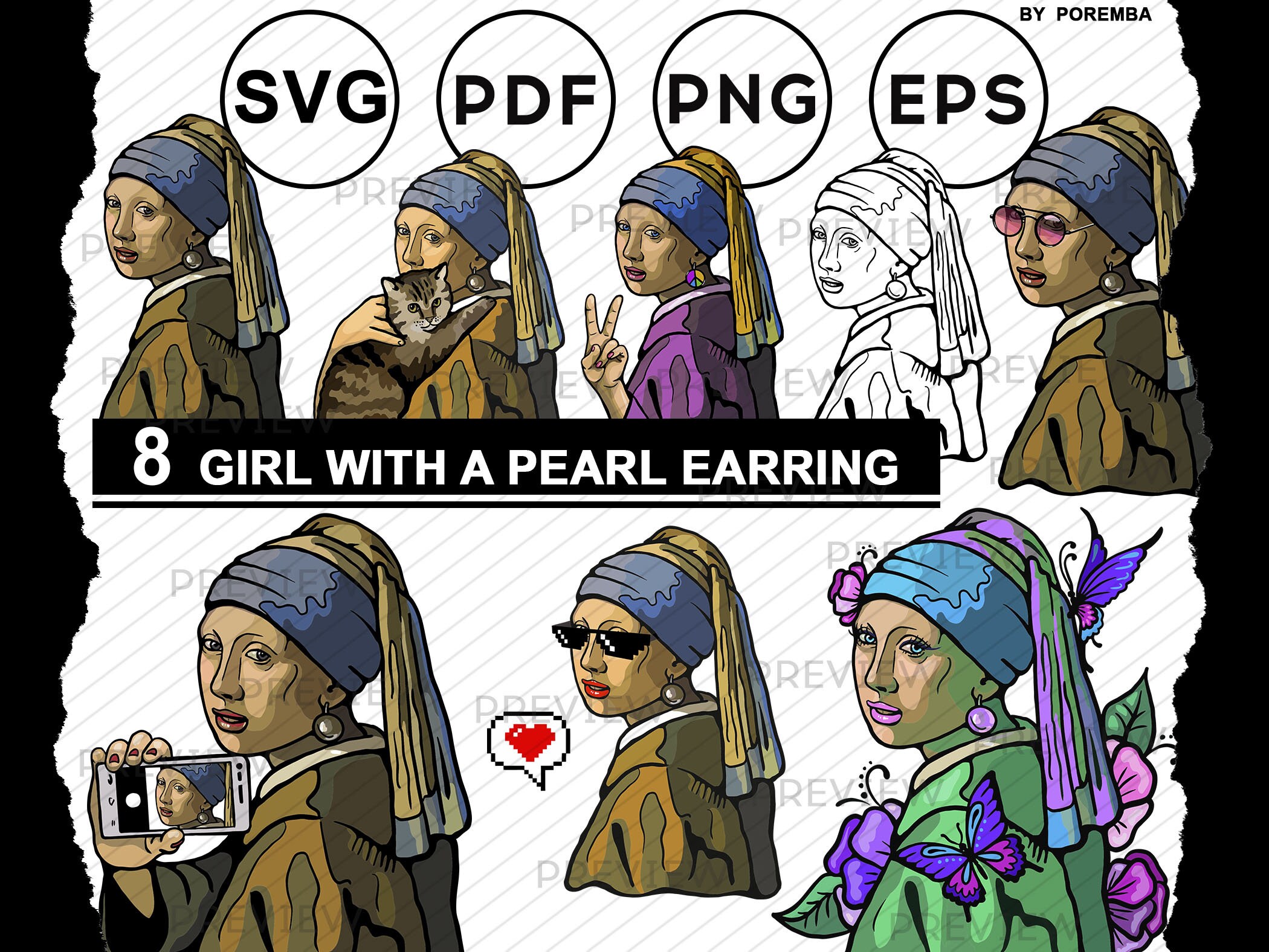 Girl With a Pearl Earring Clipart. 8 Vector Portraits. Vintage ...