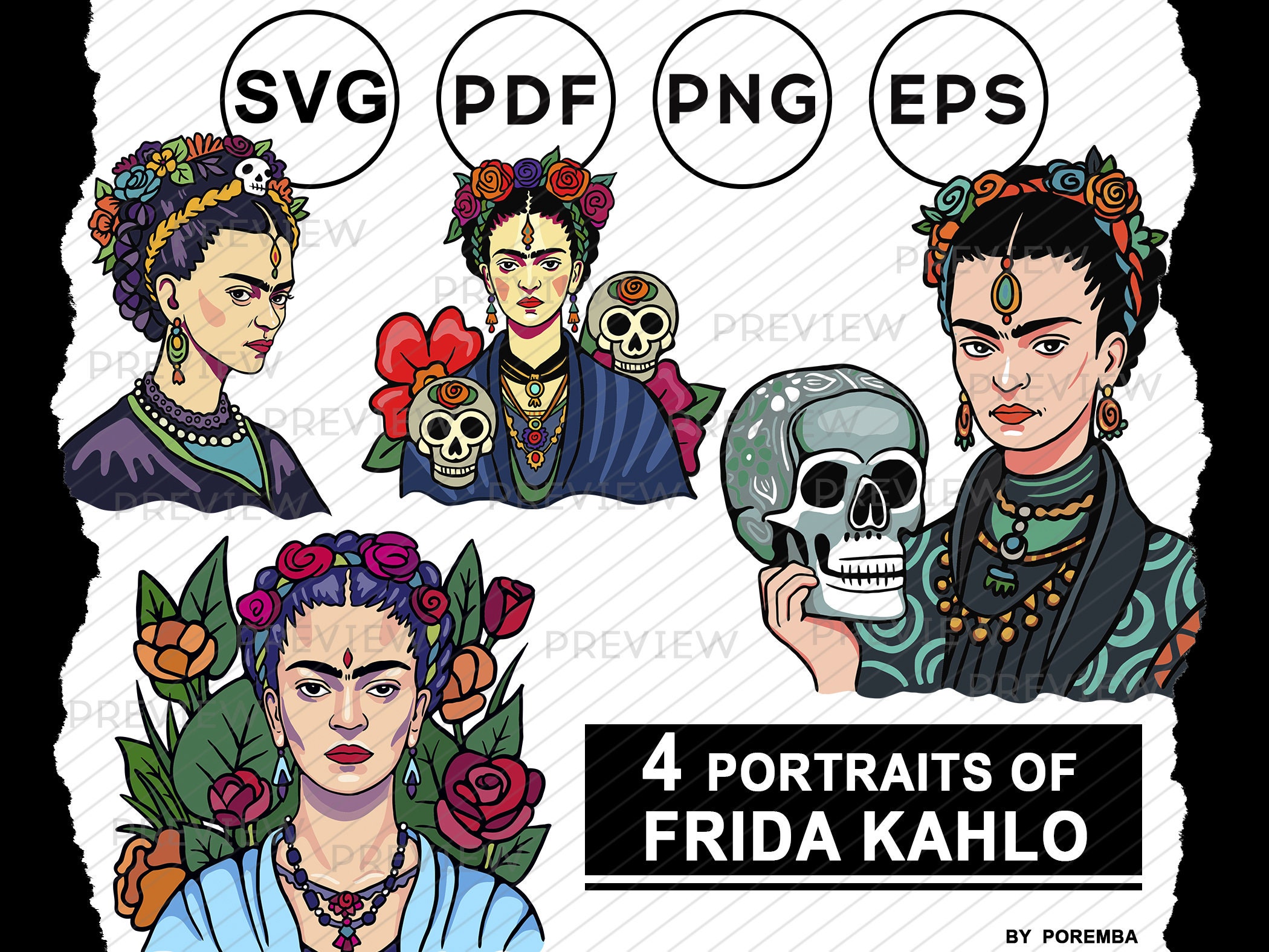 Frida Kahlo Clipart. 4 Vector Portraits. Mexican Illustration, Graphics ...