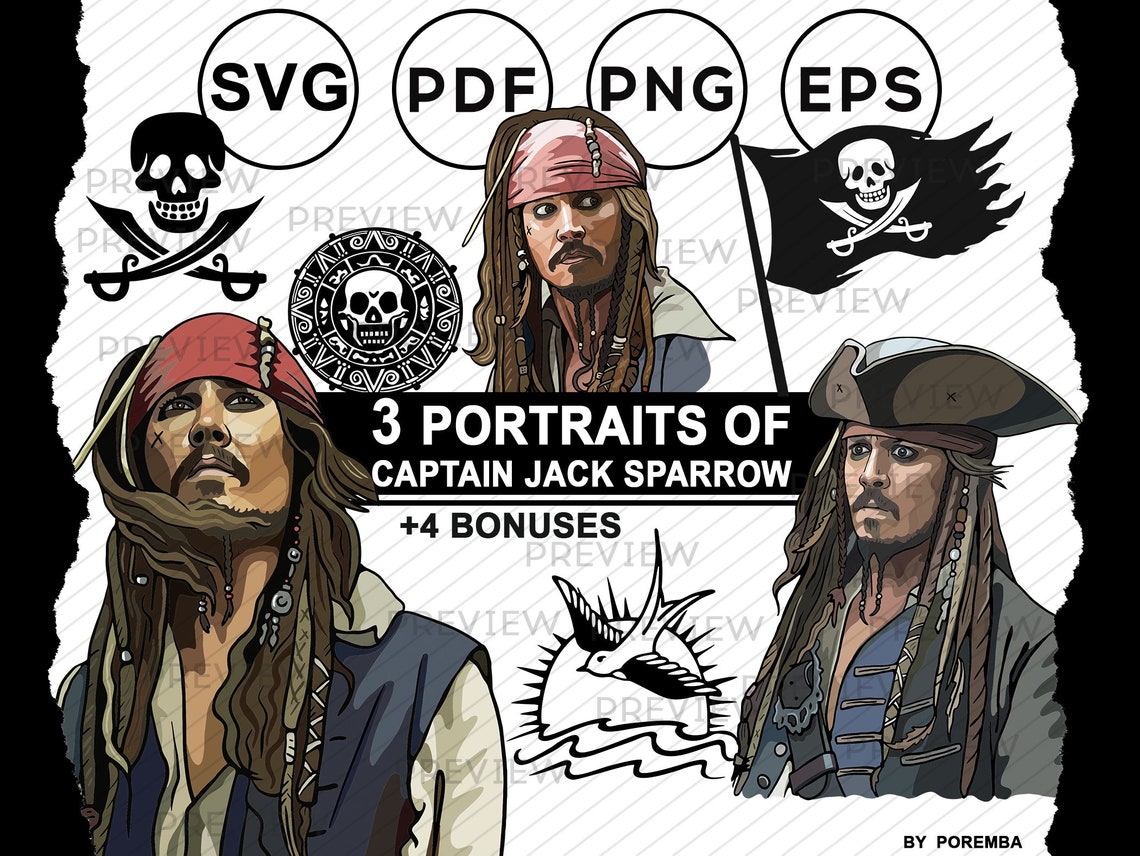 Captain Jack Sparrow Clipart. Vector Portrait. Johnny Depp Illustration ...