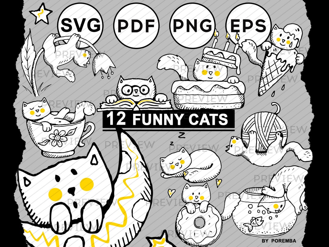 Cat Clipart. Funny Cats Clipart. Kitty Icons. Pet Illustrations ...