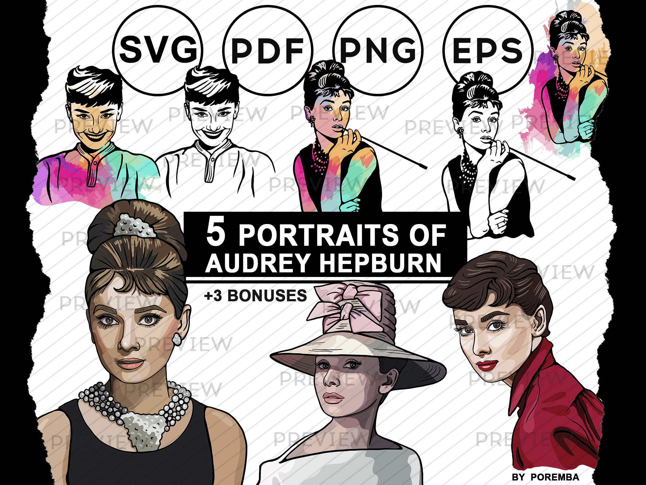 Audrey Hepburn Clipart. Vector Portrait. Vintage Illustration. Fashion ...