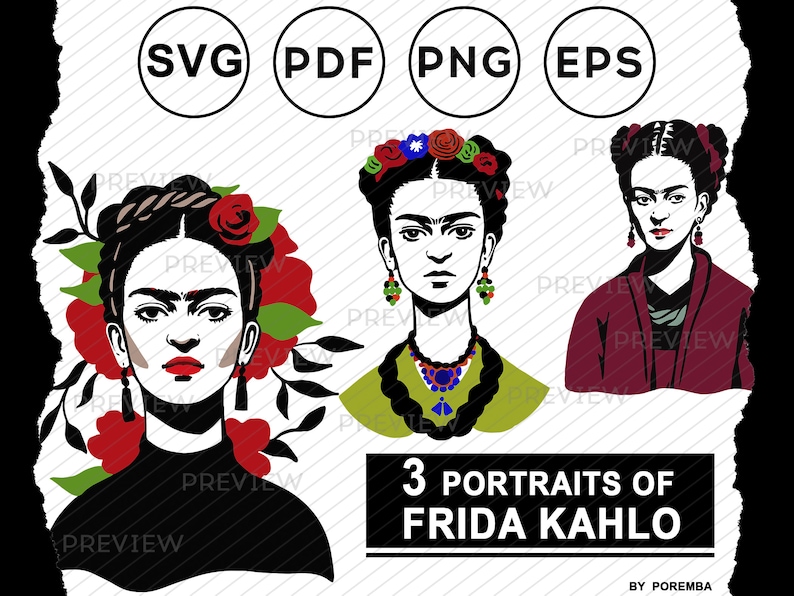 Frida Kahlo Clipart. 3 Vector Portraits. Mexican Illustration, Graphics ...