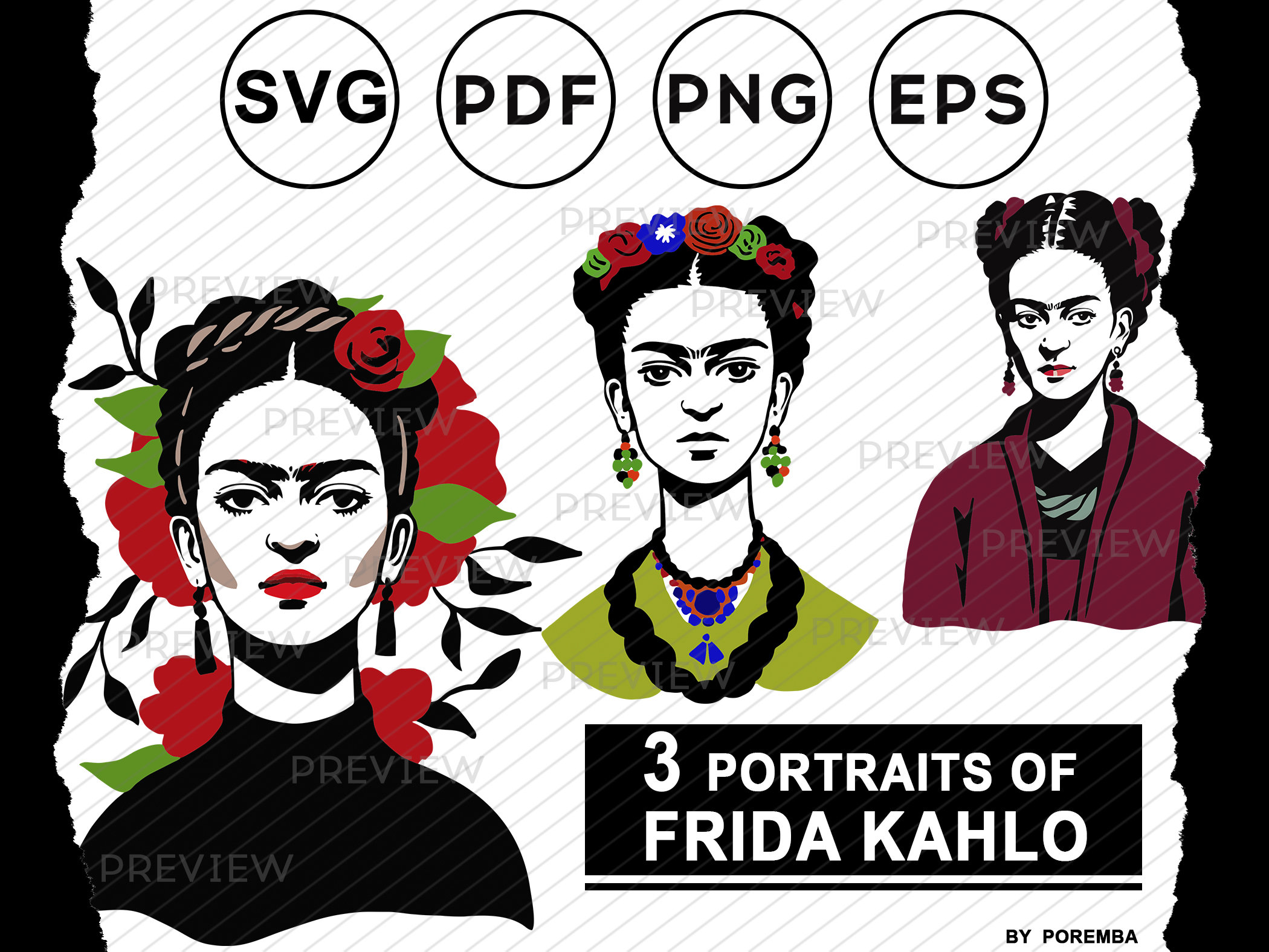 Frida Kahlo Clipart. 3 Vector Portraits. Mexican Illustration, Graphics ...