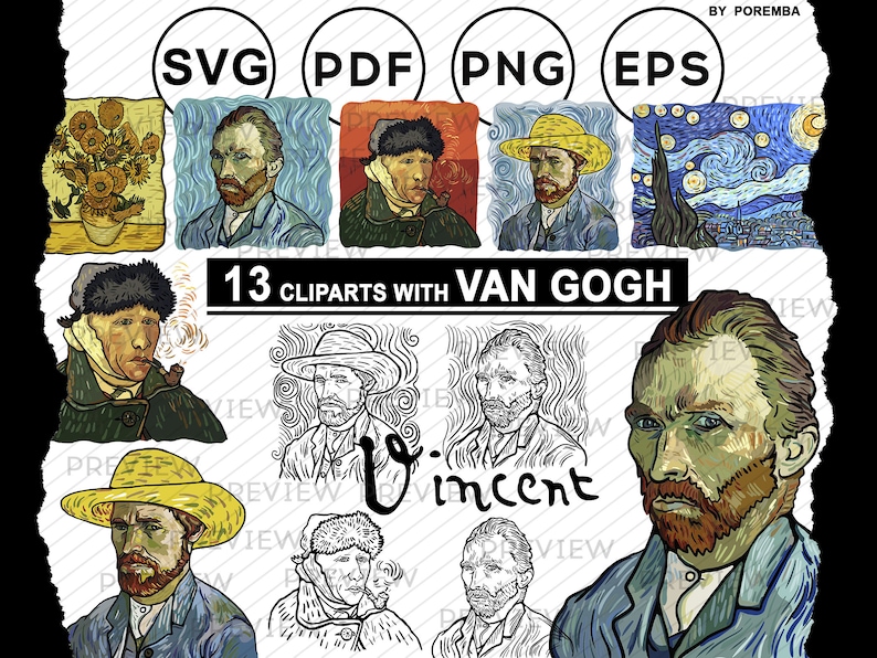 Vincent Van Gogh Clipart. Vector Portrait. Van Gogh Paintings Bundle ...