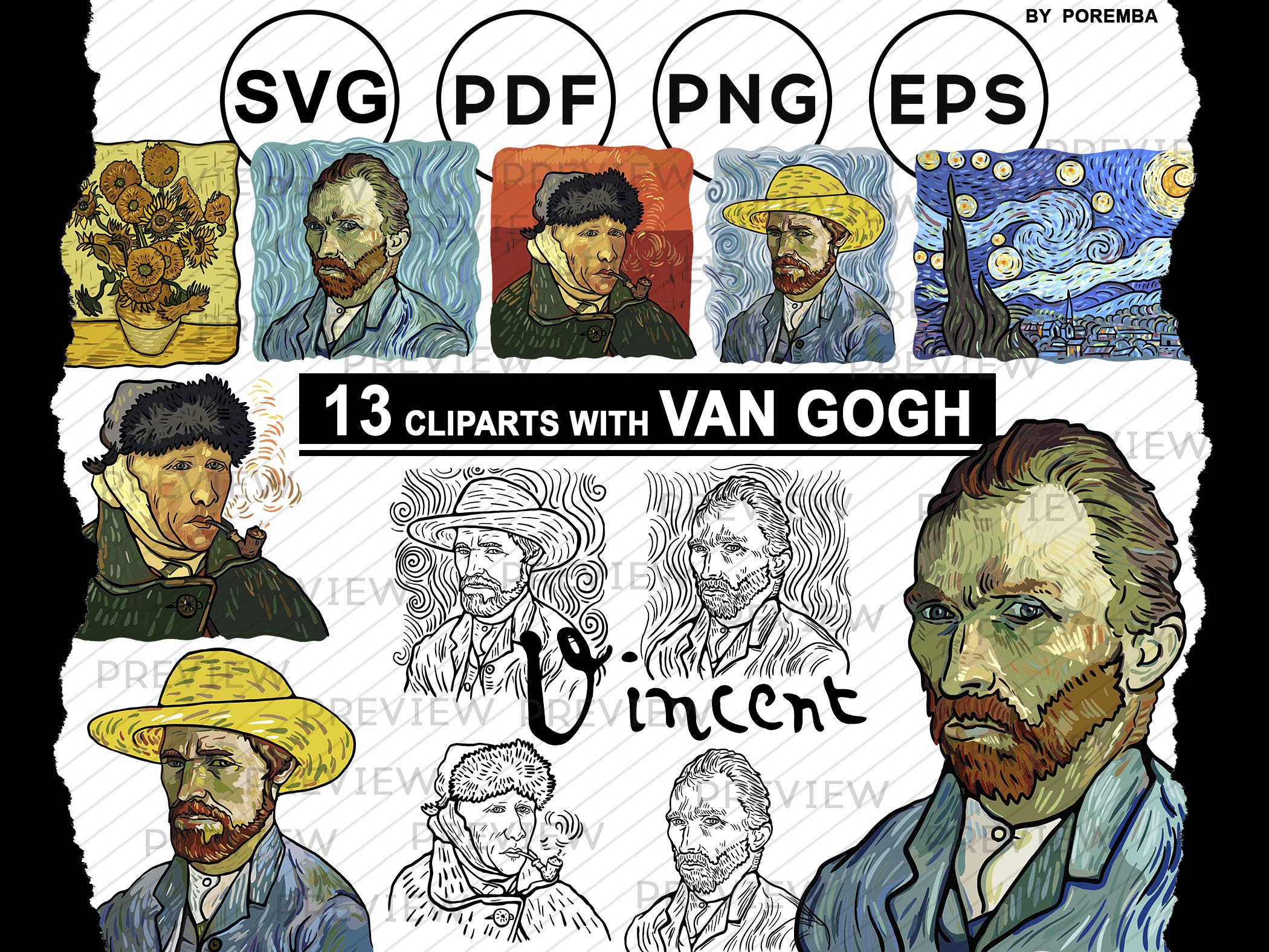 Vincent Van Gogh Clipart. Vector Portrait. Van Gogh Paintings Bundle ...