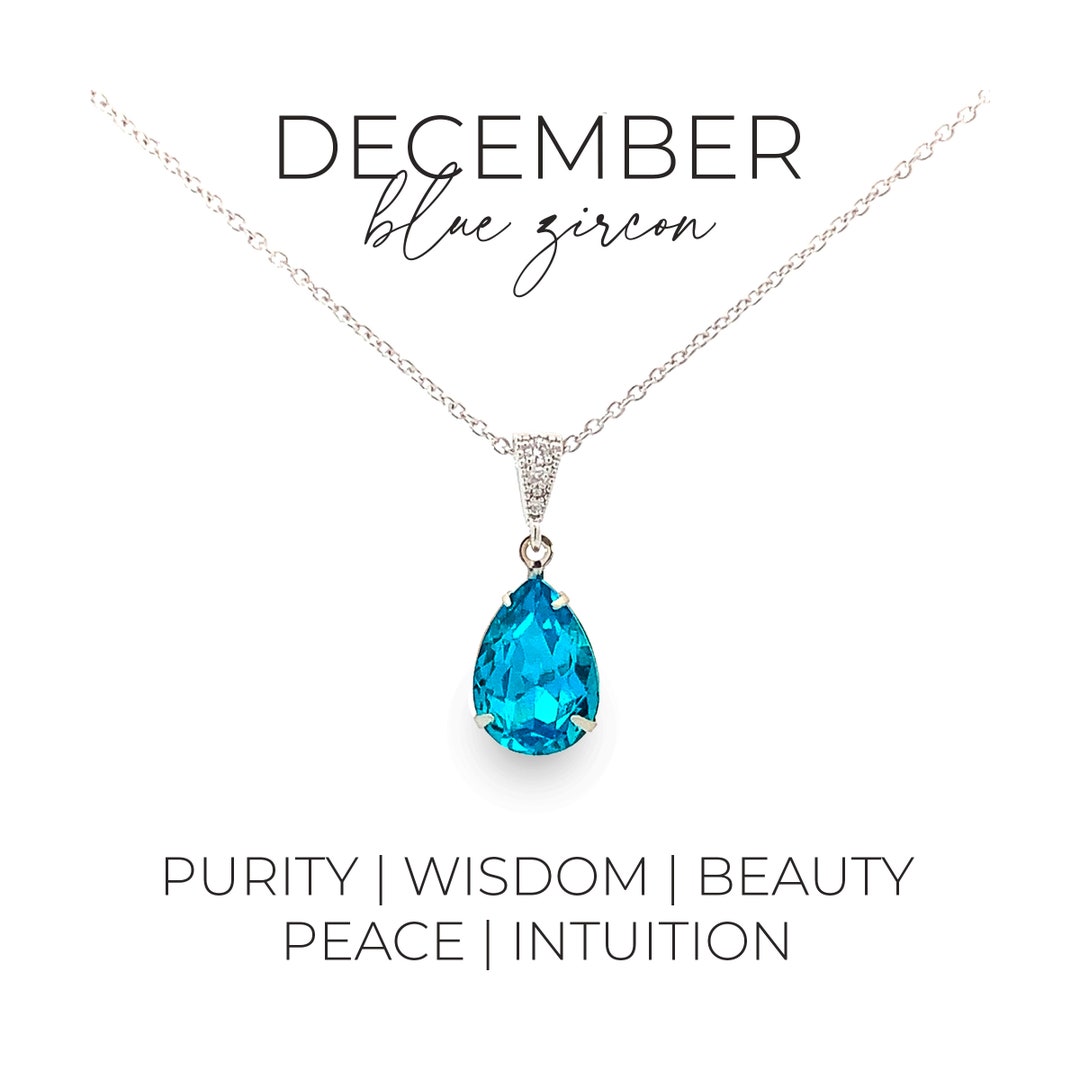 December Birthstone Necklace - Crystal Teardrop Pendant - Blue Zircon ...