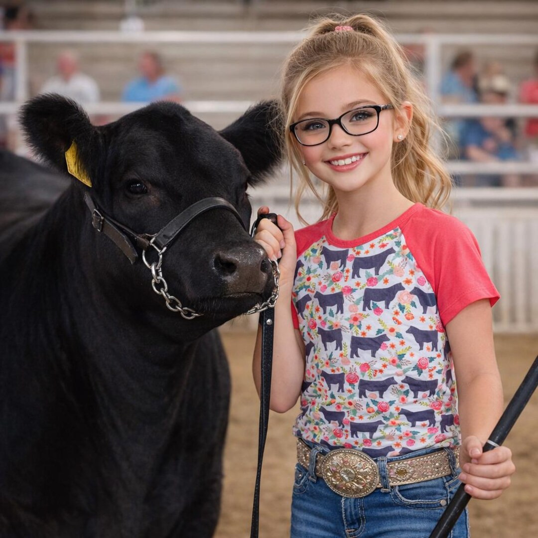 Girls Cow Print Show Shirt | Floral Cattle Raglan Tee | Youth Livestock ...