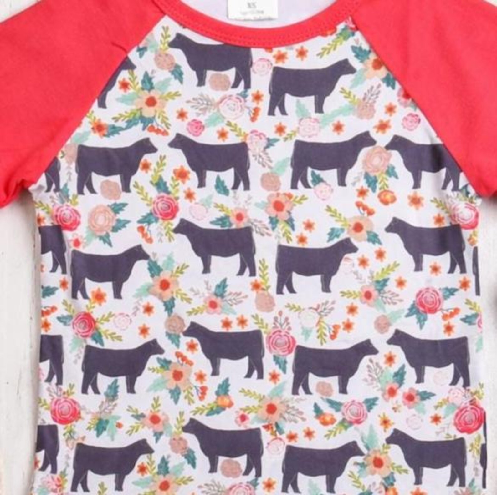 Girls Cow Print Show Shirt | Floral Cattle Raglan Tee | Youth Livestock ...