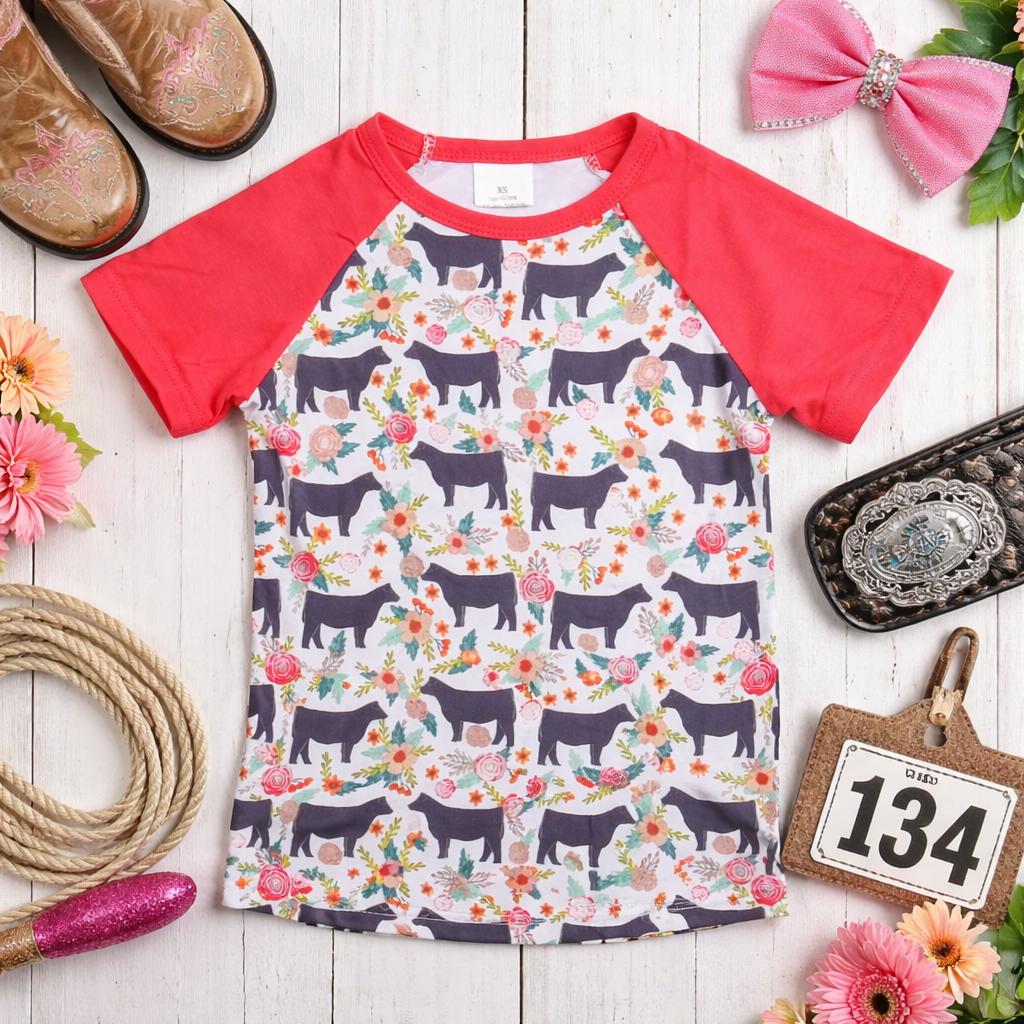 Girls Cow Print Show Shirt | Floral Cattle Raglan Tee | Youth Livestock ...