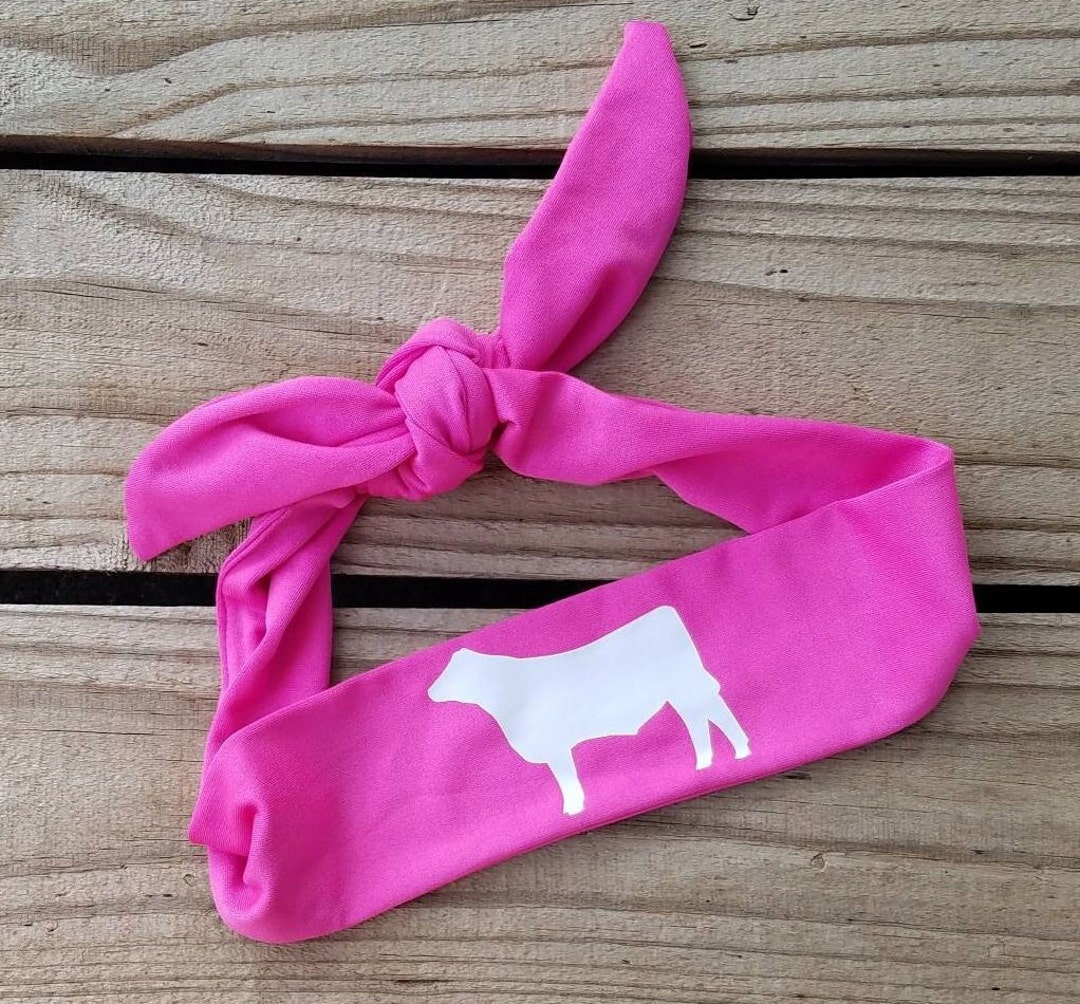 Live Stock Show Cow Tie Back Headband, Pink Head Wrap With White Cow ...