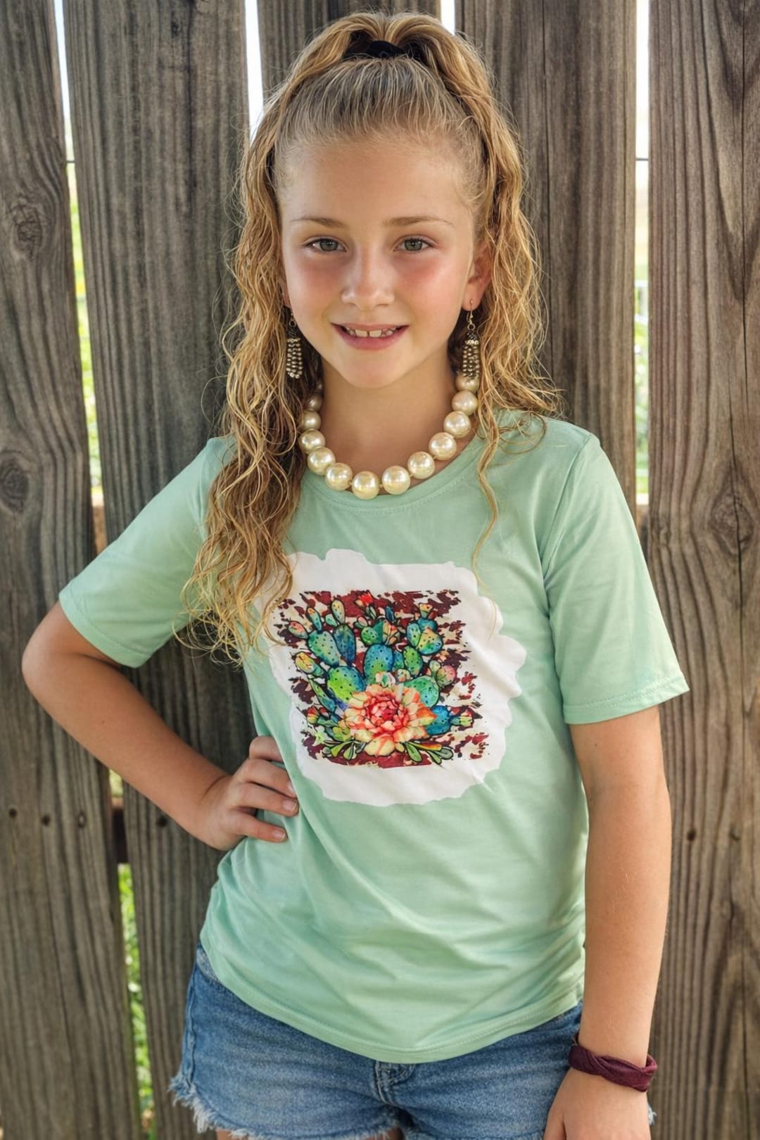 Girls Cactus Graphic Tee | Mint Green Western Shirt for Girls ...