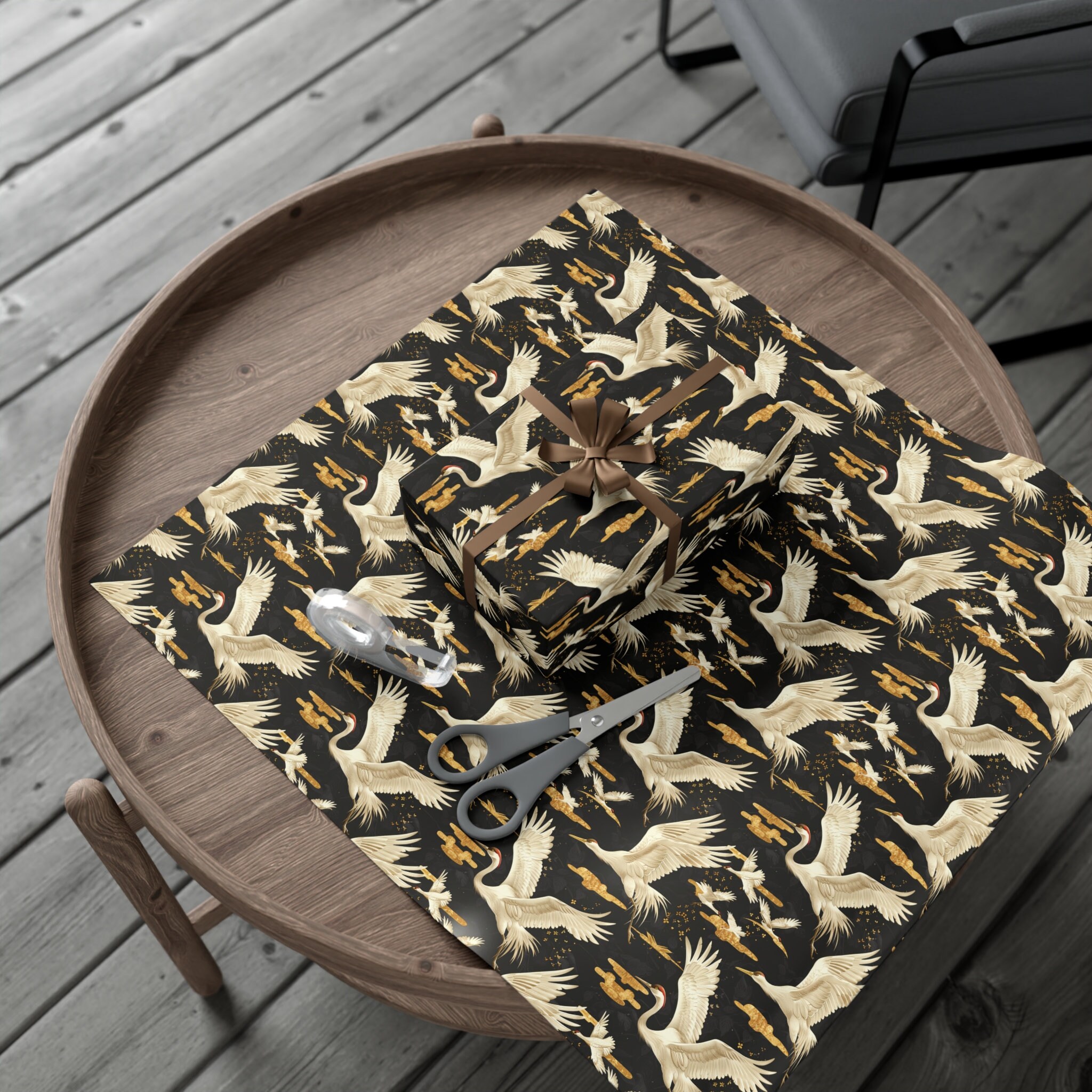 Gold and White Cranes Wrapping Paper Black and White Gifts Wrap Papers Elegant Paper Crane ...