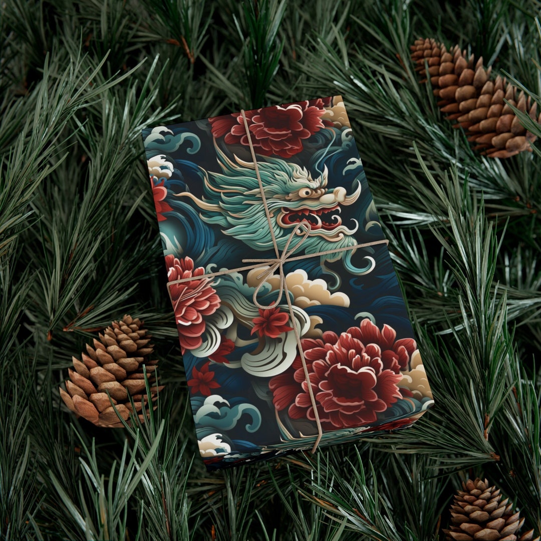 Dragon Wrapping Paper Lunar New Year Dragon Gift Wrap Paper Boho Floral ...
