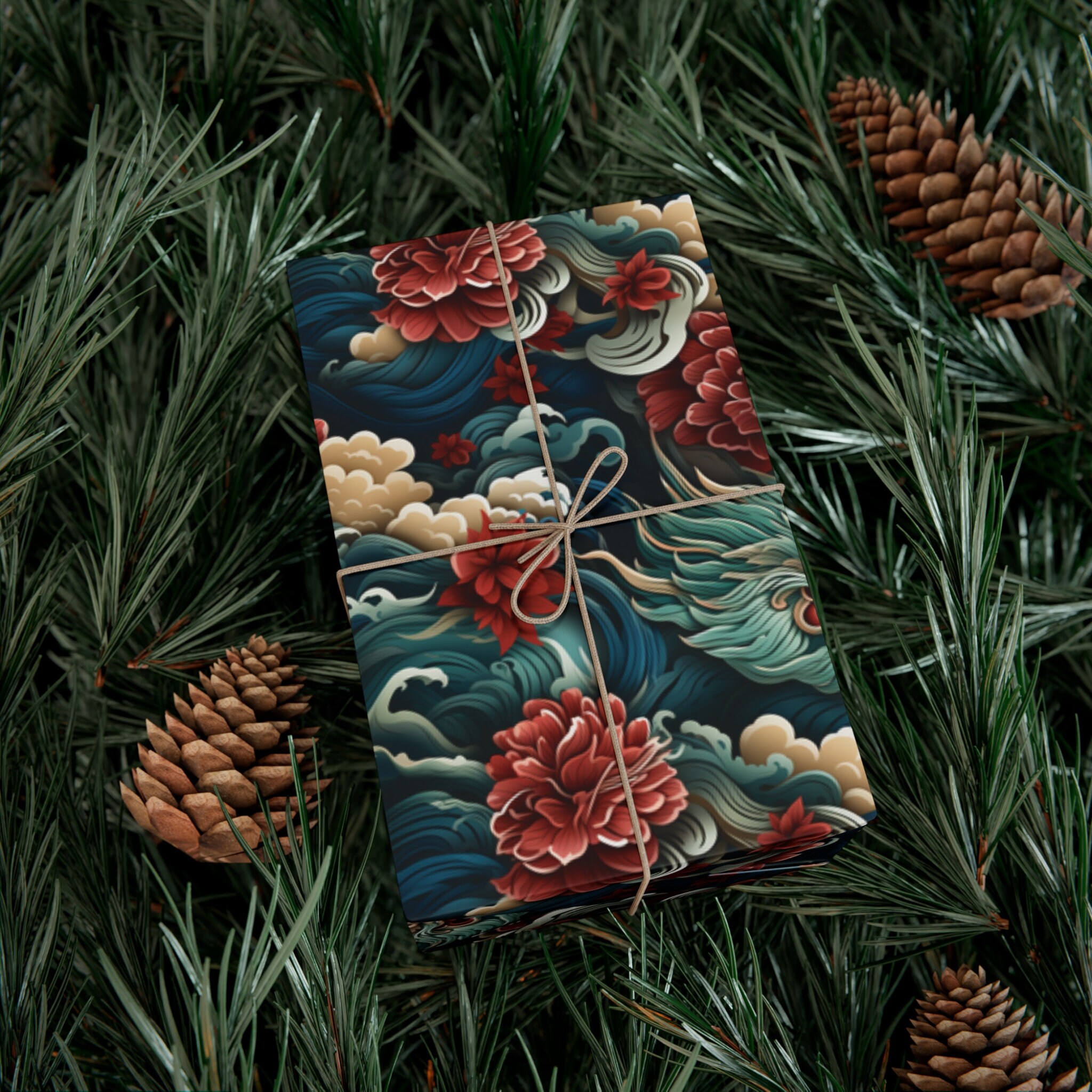 Dragon Wrapping Paper Lunar New Year Dragon Gift Wrap Paper Boho Floral ...