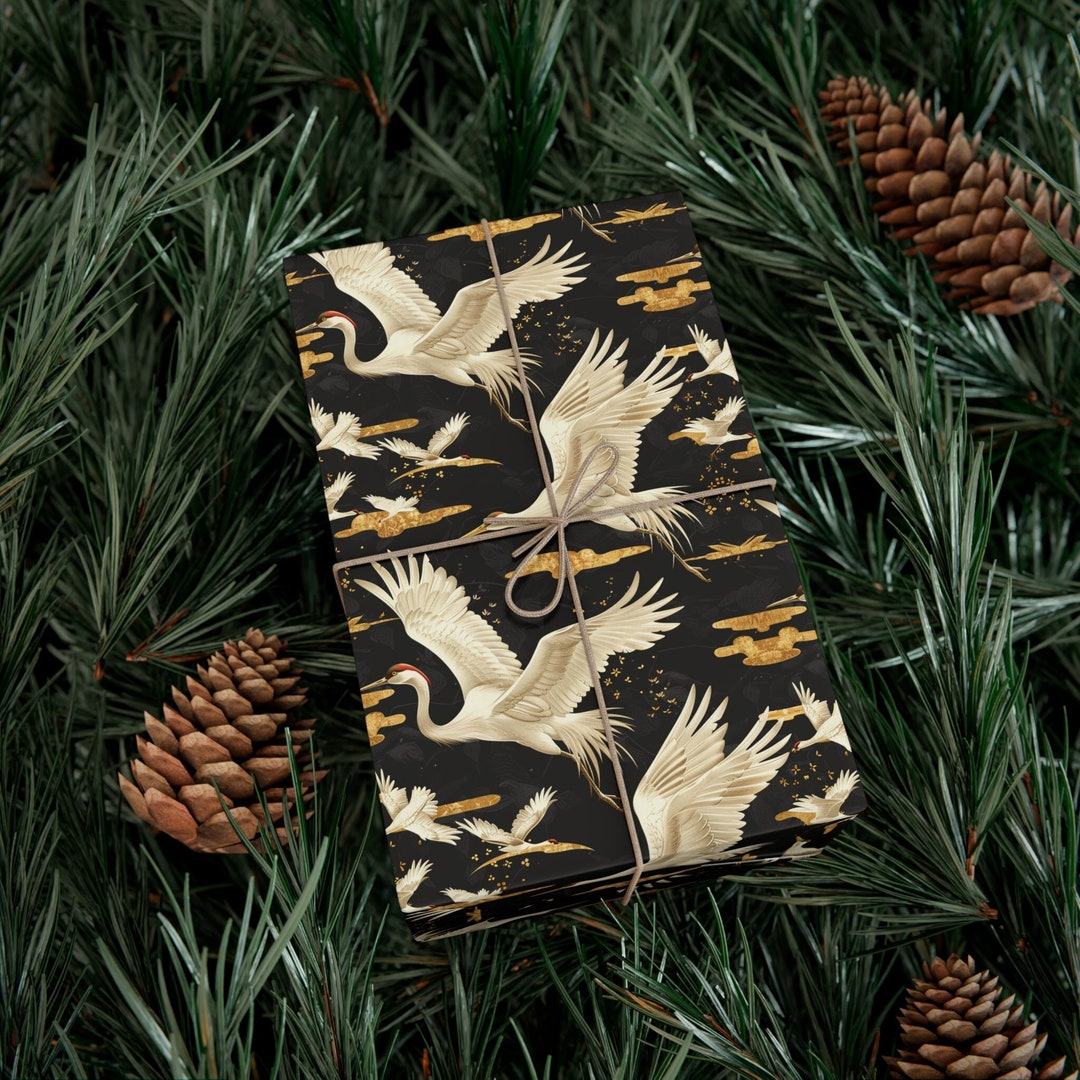Gold and White Cranes Wrapping Paper Black and White Gifts Wrap Papers Elegant Paper Crane ...