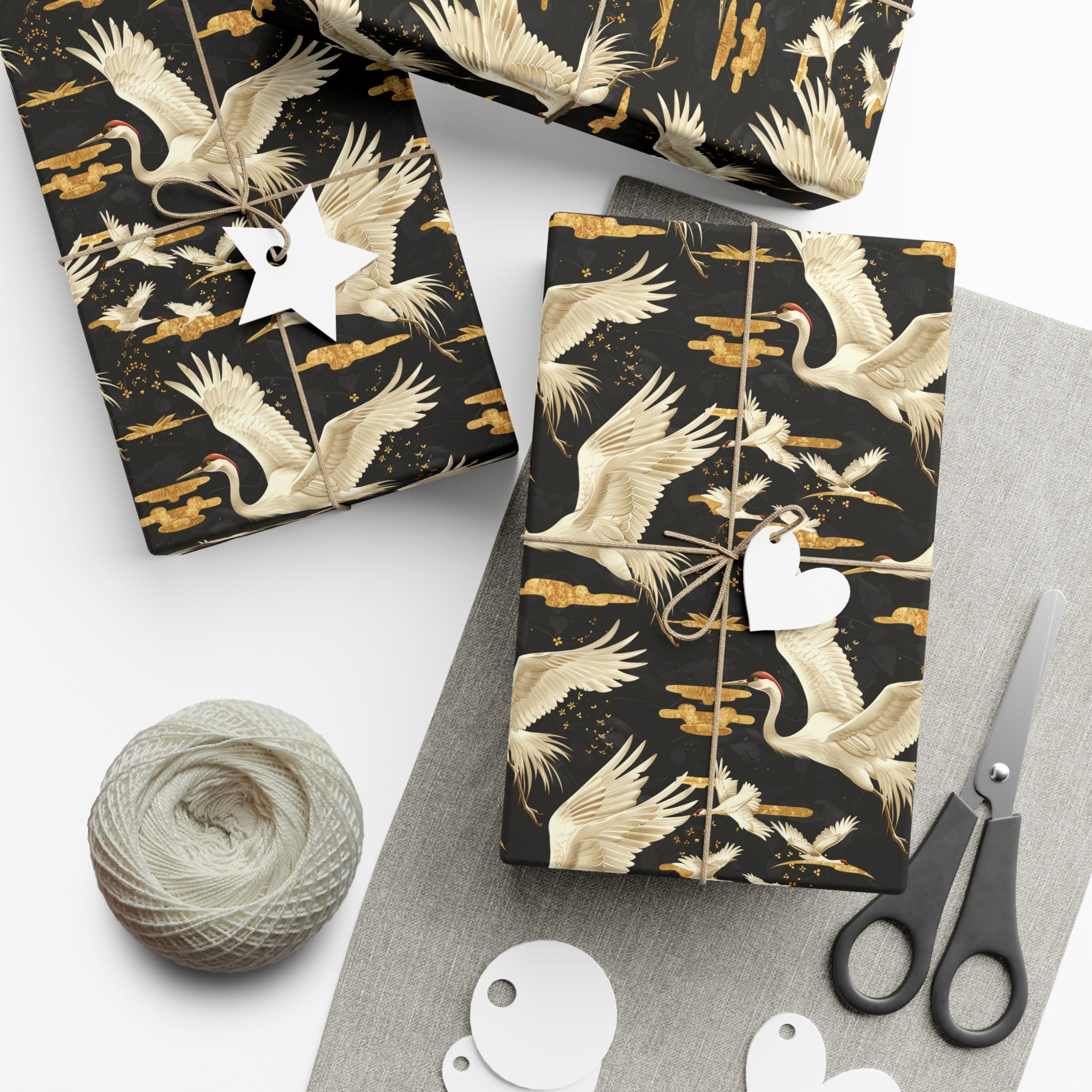 Gold and White Cranes Wrapping Paper Black and White Gifts Wrap Papers Elegant Paper Crane ...
