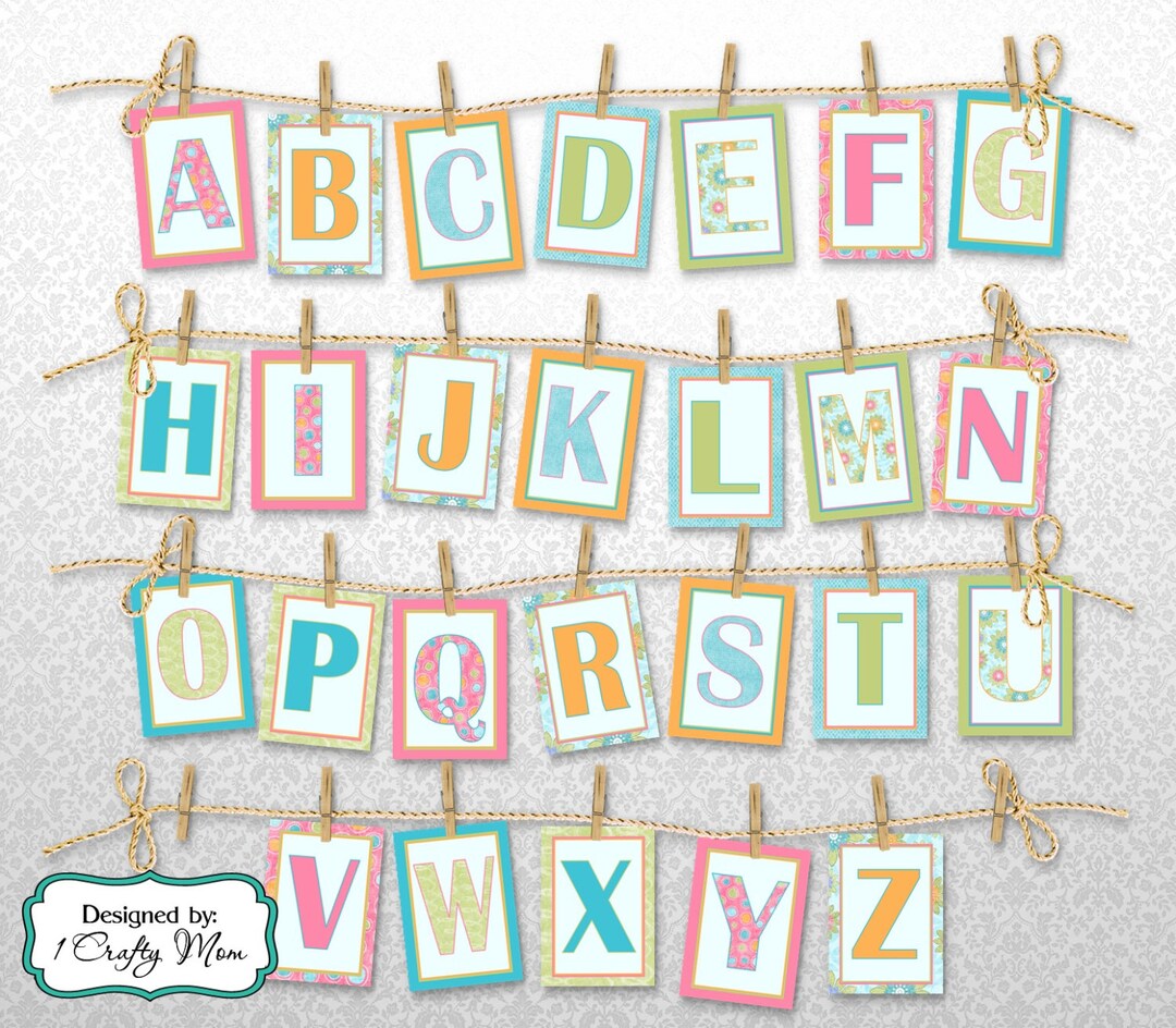 Printable Alphabet Banner Bunting Flash Cards (set of 38)- Girly Dot ...