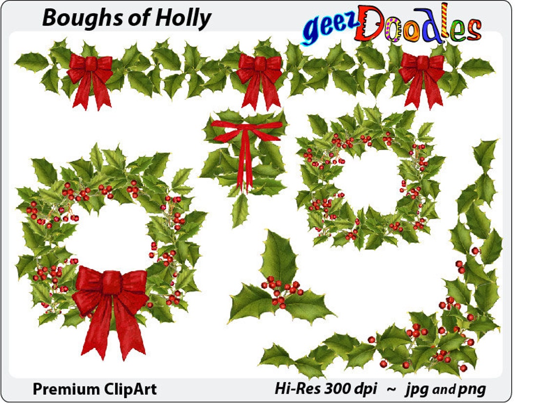 Christmas Watercolor Clipart ~ Holly Clip Art With Wreaths, Garland ...