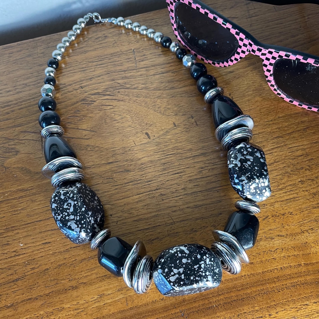 Vintage 80’s Necklace, Totally Awesome, Black, Silver Plastic Big ...