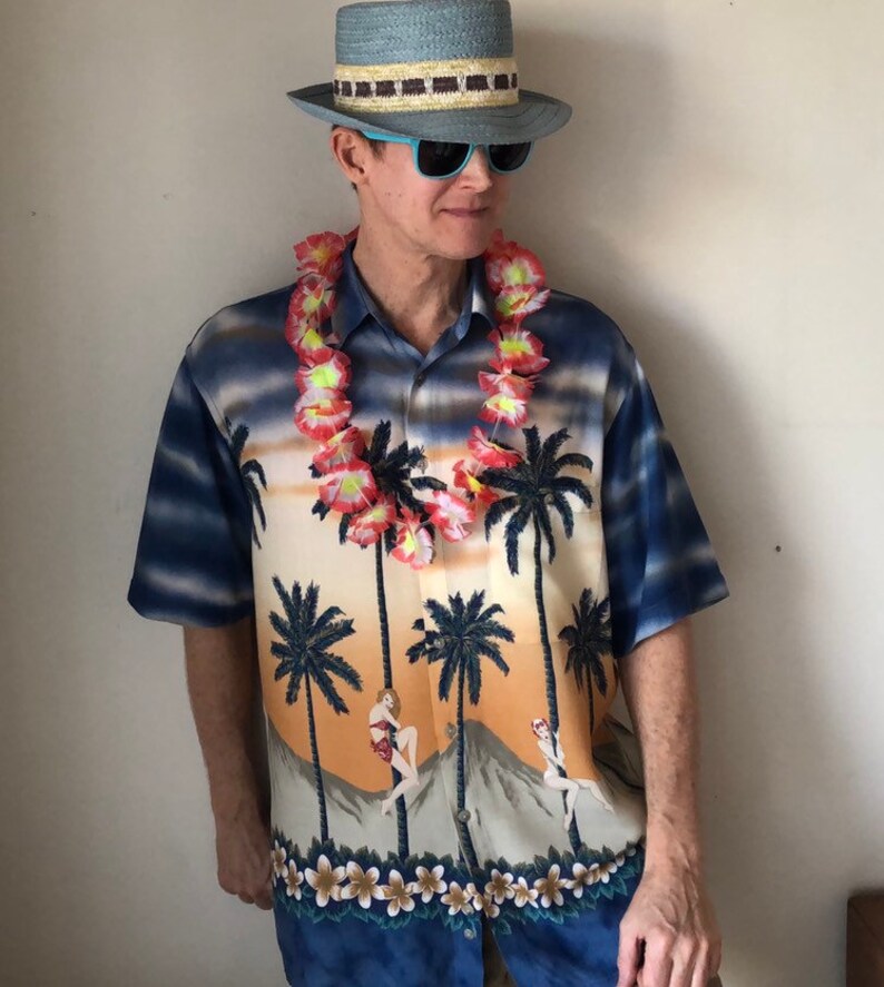 Vintage Hawaiian Shirt With Pin up Girls, Palm Trees, Tropical Flowers ...