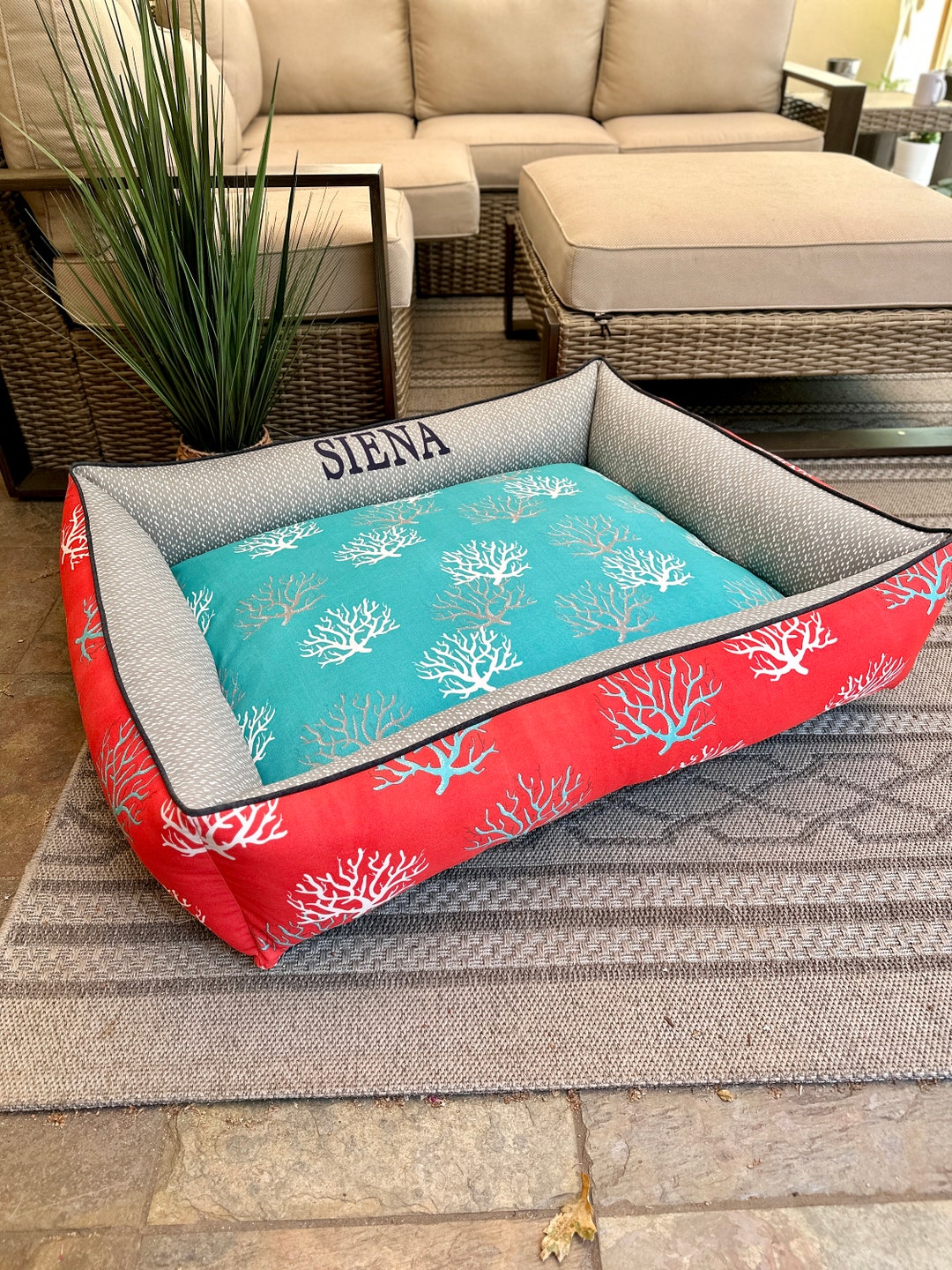 Outdoor Coastal Dog Bed | Coral and Teal Dog Bed | Large Outdoor Dog ...