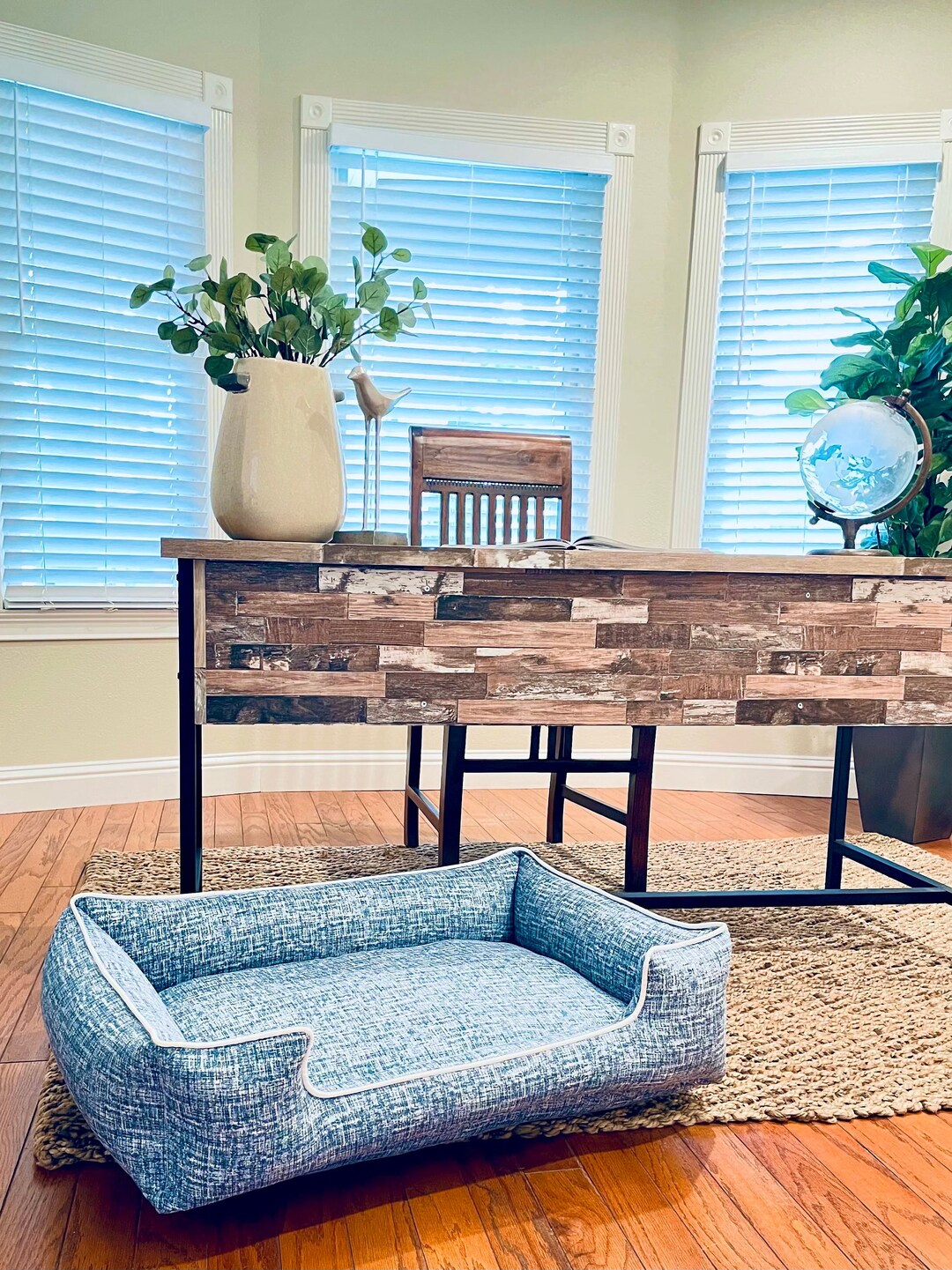 Modern Blue Pet Bed, Custom Blue & White Pet Bedding, Overstuffed ...