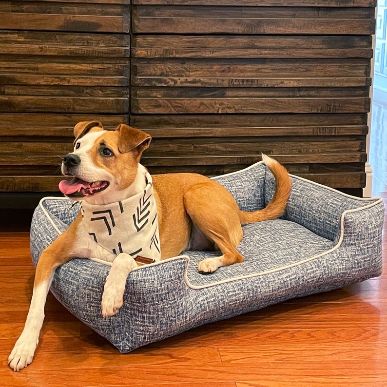 Modern Blue Pet Bed, Custom Blue & White Pet Bedding, Overstuffed ...