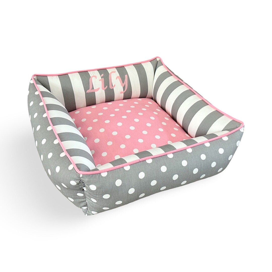 Pink Polka Dot Dog Bed, Custom Personalized Dog Bed, Washable Bed With ...