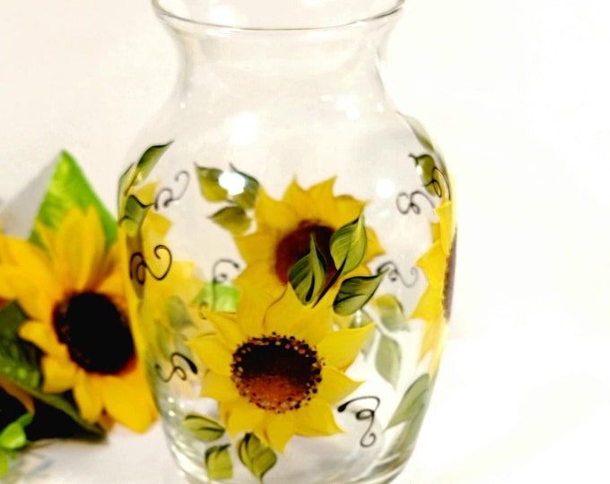 Hand Painted Sunflowers, Sunflowers Glass Vase, Sunflowers Decor ...