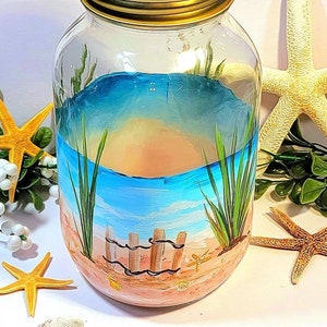 Hand Painted Coastal Canning Jar, Decorative Beach Landscape Theme ...