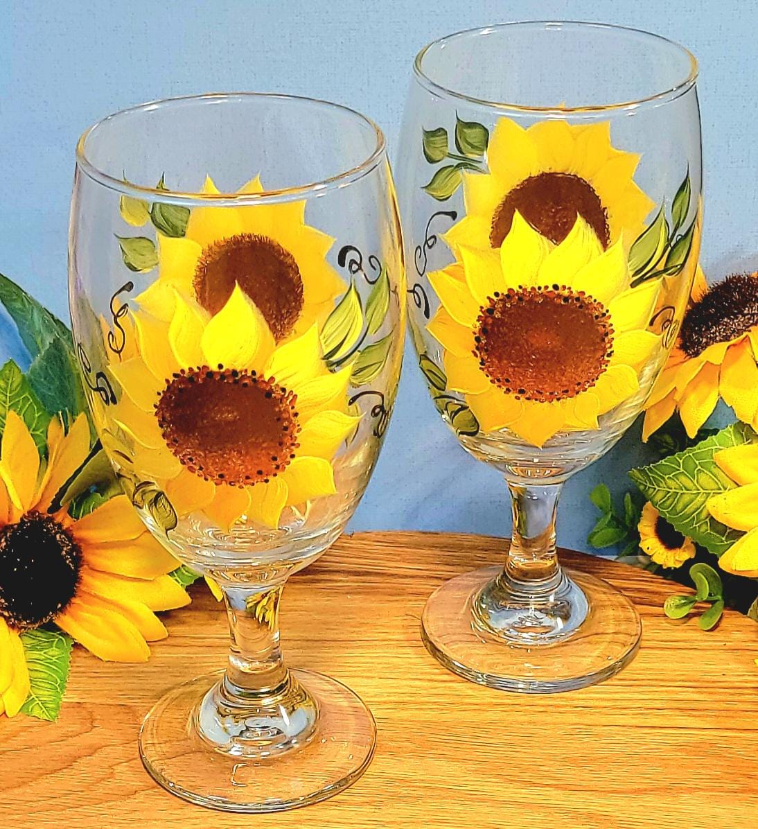 Sunflower Water Glasses, Hand Painted Sunflower Set of Two Iced Tea ...