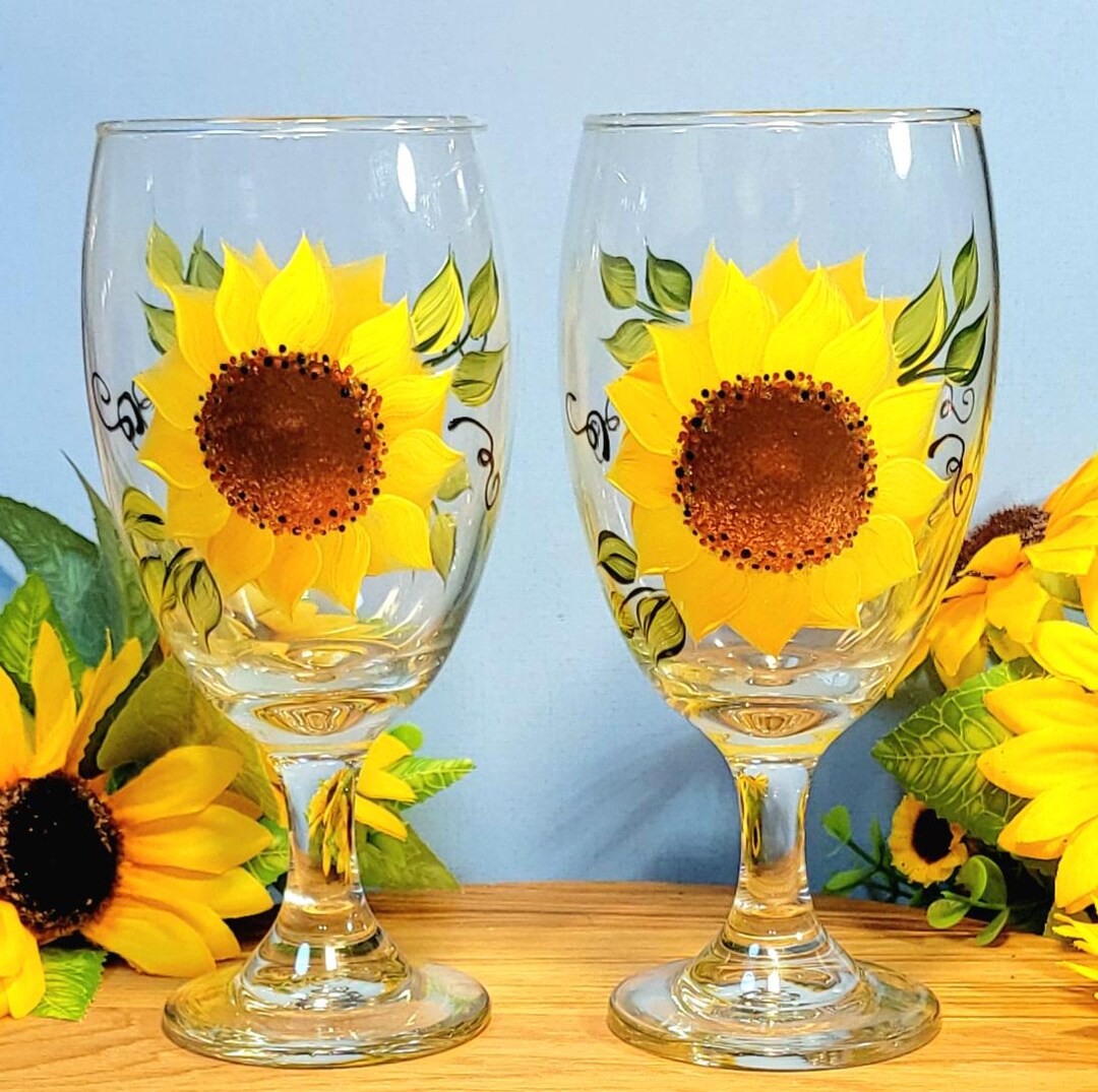 Sunflower Water Glasses, Hand Painted Sunflower Set of Two Iced Tea ...