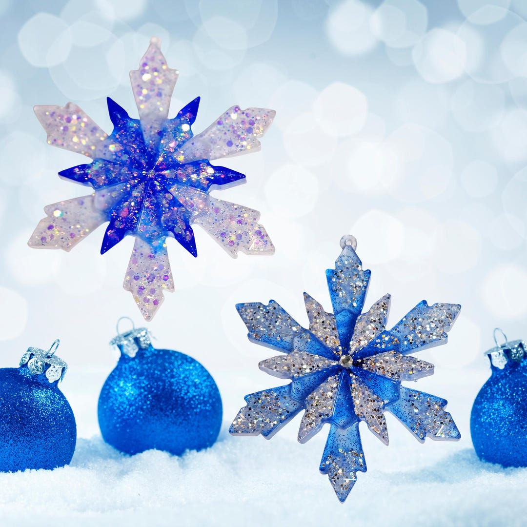 Two Blue Snowflake Resin Art Ornaments, Handmade Sparkly Snowflake ...