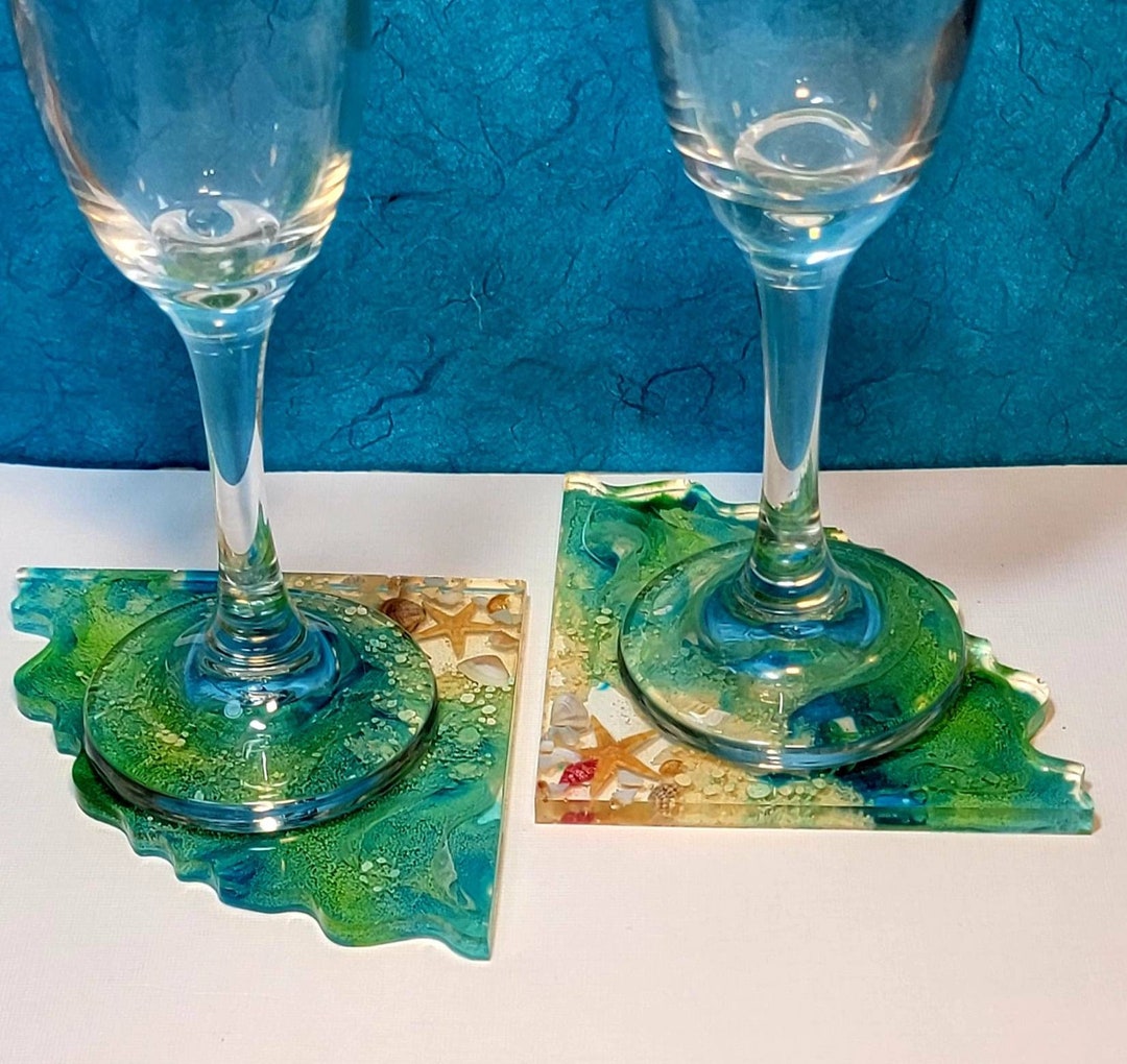 Geode Style Beach Coasters, Four Triangle Shape Coasters With Shells ...