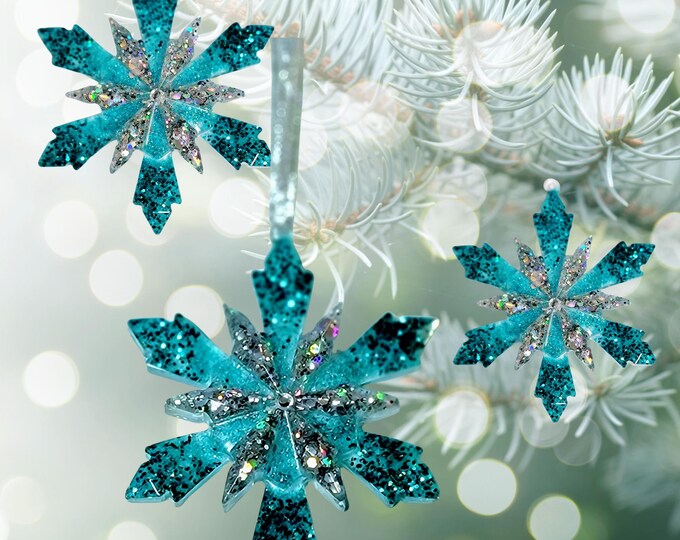 Two Teal Snowflake Resin Art Ornaments, Handmade Sparkly Snowflake ...