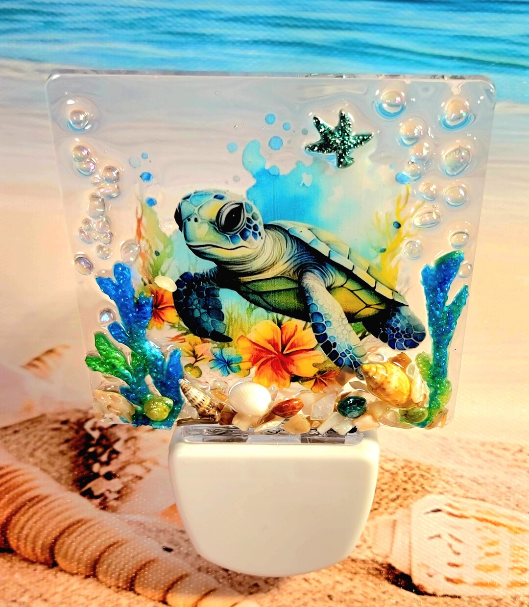 Sea Turtle Seashell LED Nightlight, Beach Theme Plug in Night Light ...