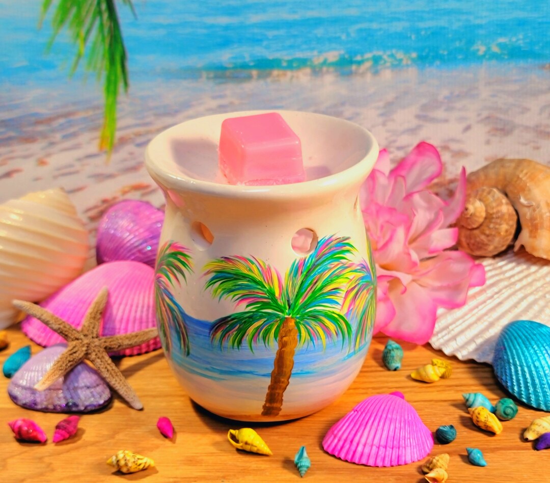 Hand Painted Beach Theme Tealight Wax Warmer, Pastel Colored Palm ...