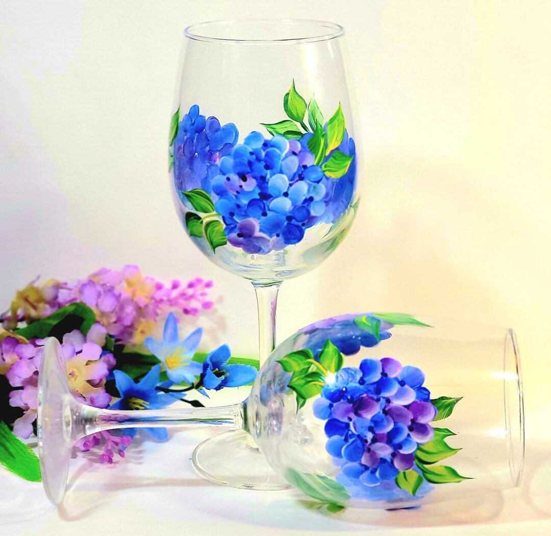 Hand Painted Hydrangea Wine Glassesblue Hydrangea Flowers - Etsy