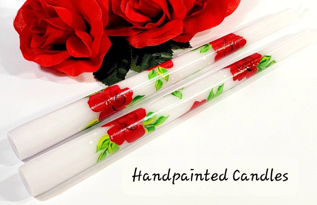 Red Rose Taper Candle Set, Hand Painted Roses, Wedding Candles, Floral ...