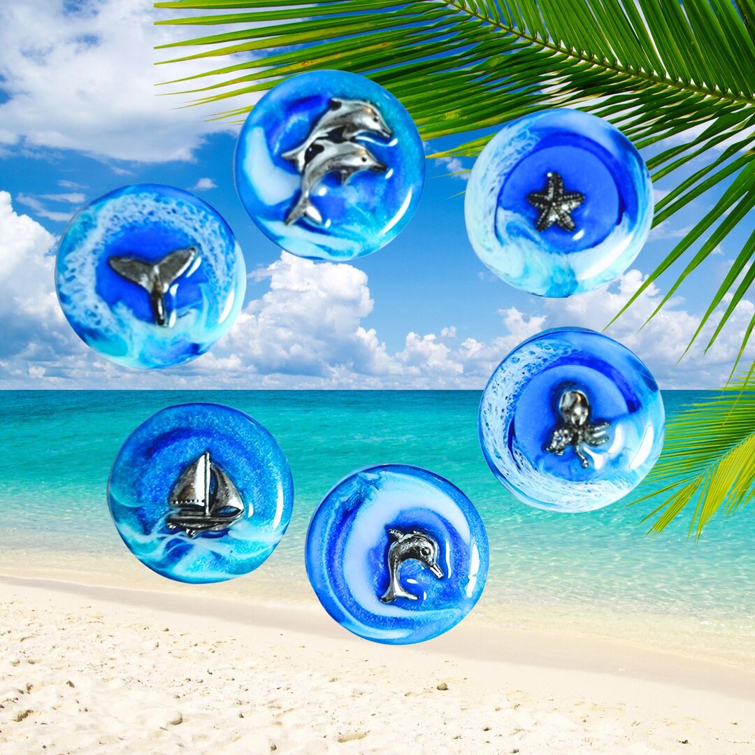 Coastal Magnets, Six Resin Art Magnets, Starfish Beach Magnets, Dolphin ...