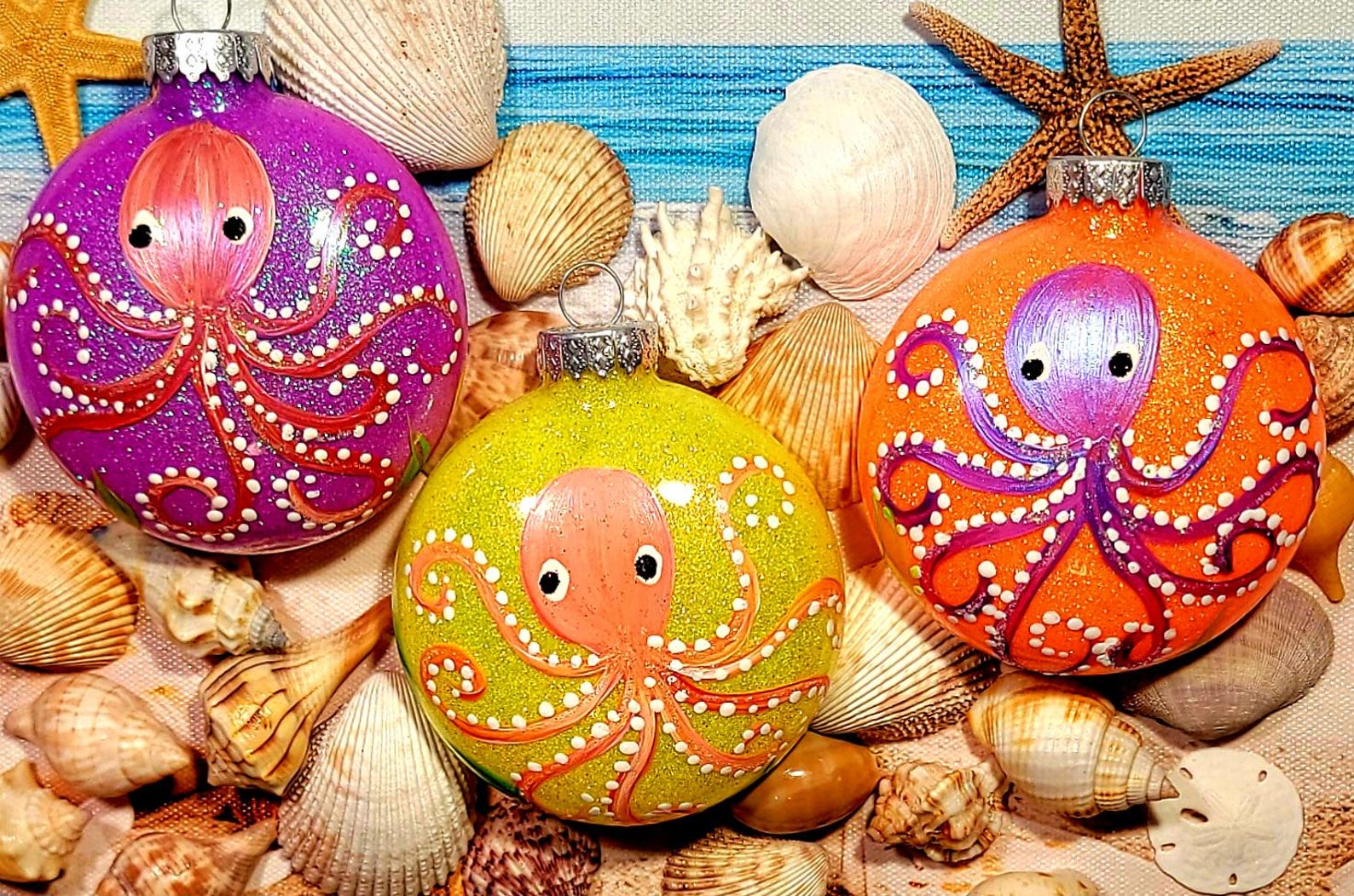 Octopus Ornaments, Hand Painted Glass Sealife Decor, Coastal Christmas ...