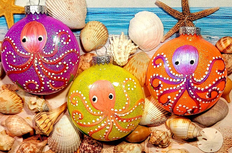Octopus Ornaments, Hand Painted Glass Sealife Decor, Coastal Christmas ...